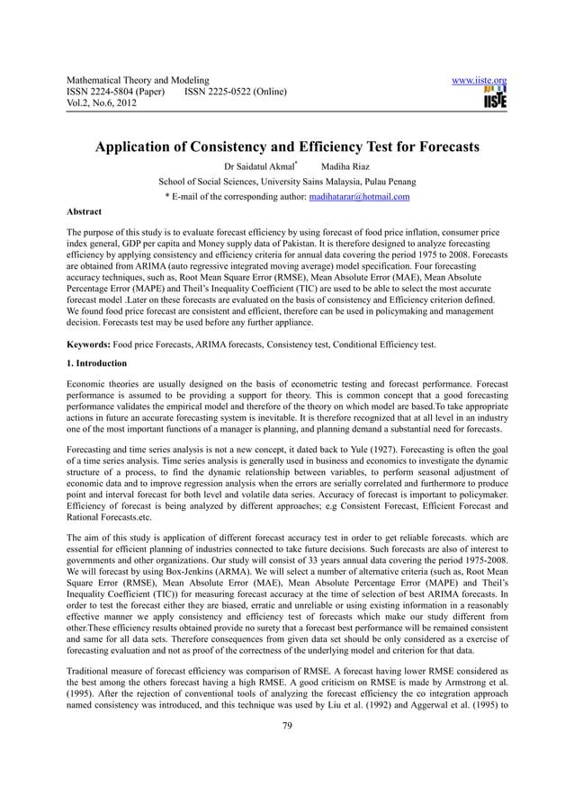 Application Of Consistency And Efficiency Test For Forecasts Pdf
