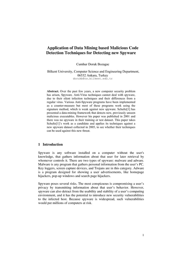 Application Of Data Mining Based Malicious Code Detection Techniques For Detecting New Spyware Pdf