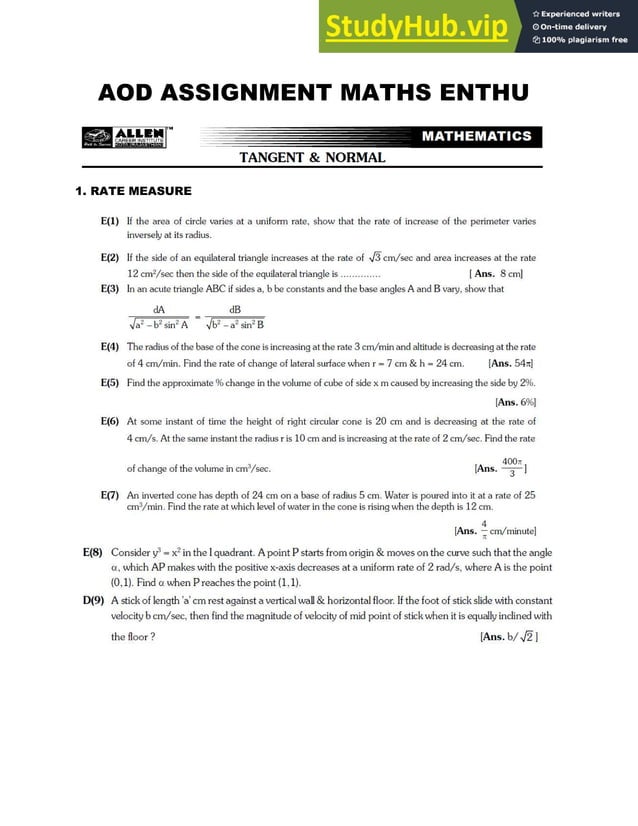 APPLICATION OF DERIVATIVES Assignment | PDF | Physics | Science