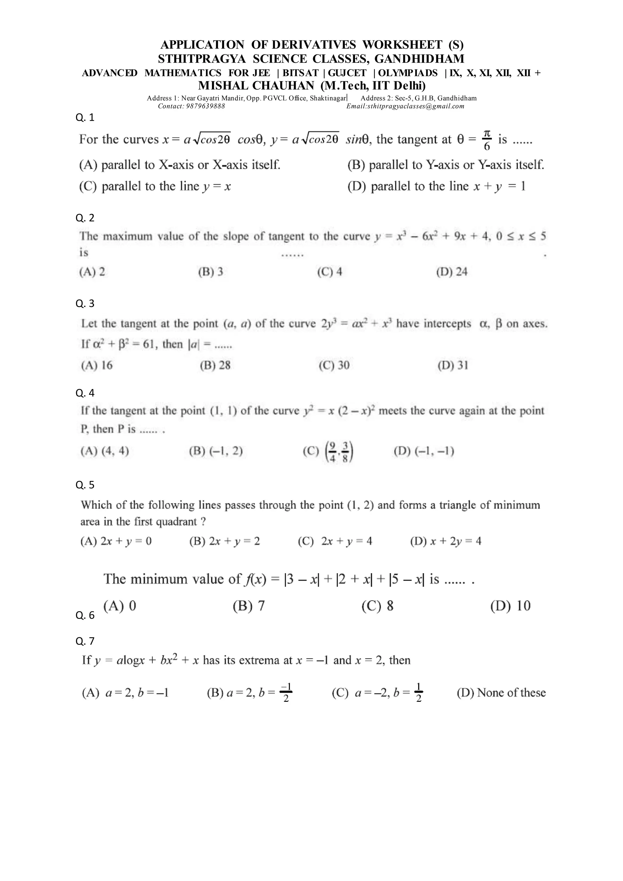 Application of derivatives worksheet (s) | DOCX