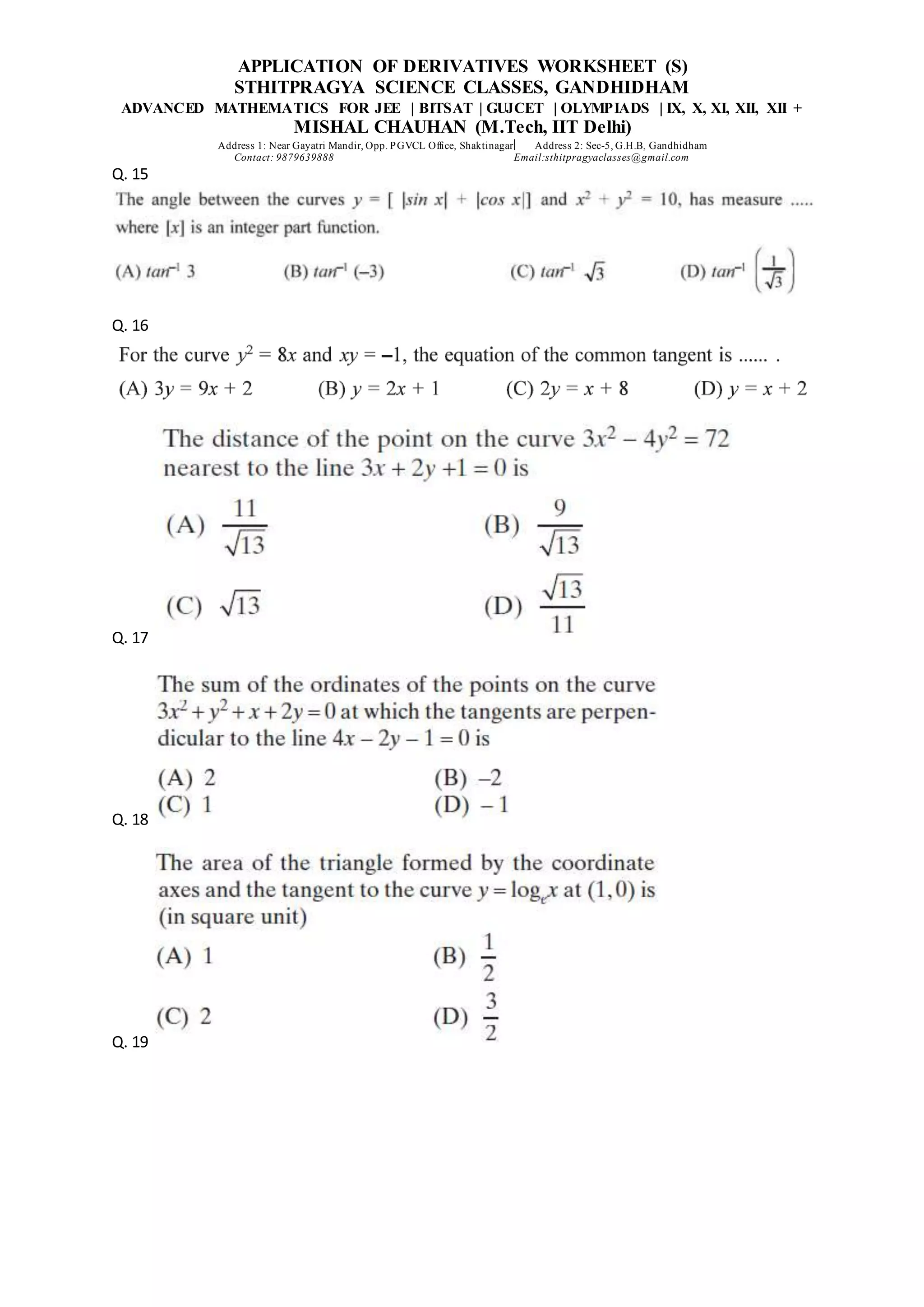 Application of derivatives worksheet (s) | DOCX