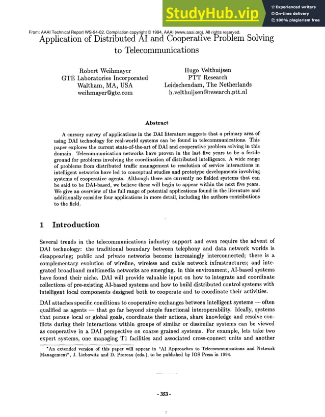 Application Of Distributed AI And Cooperative Problem Solving To Telecommunications | PDF