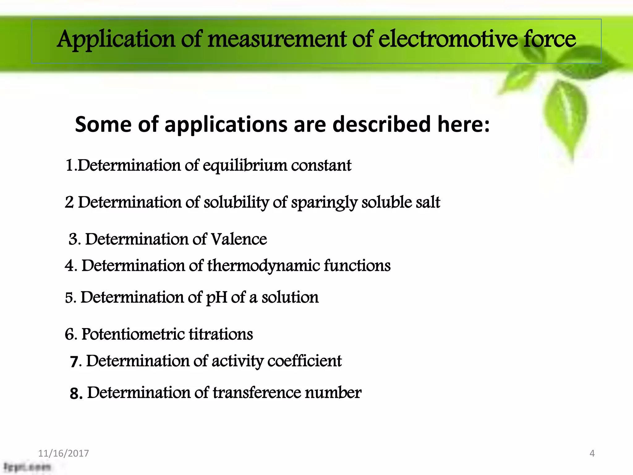 Application of e.m.f measurement | PPTX
