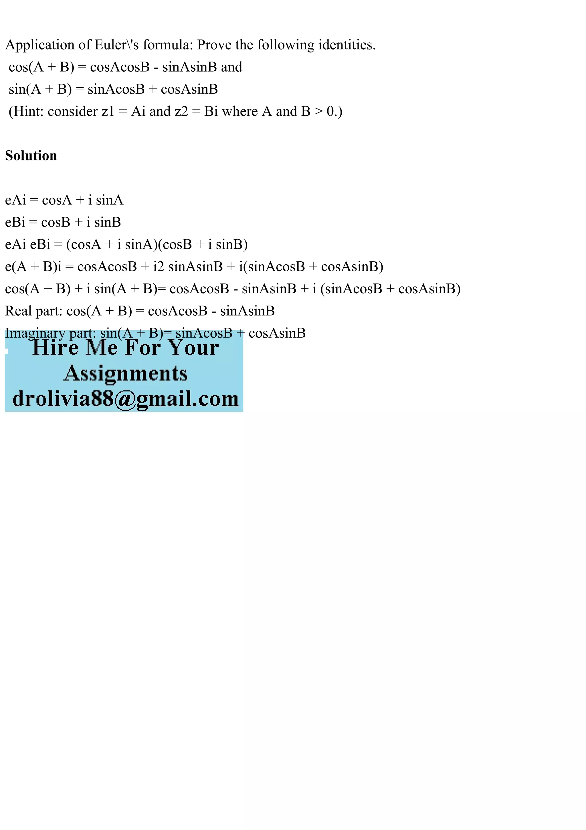 Application of Eulers formula Prove the following identities. c.pdf