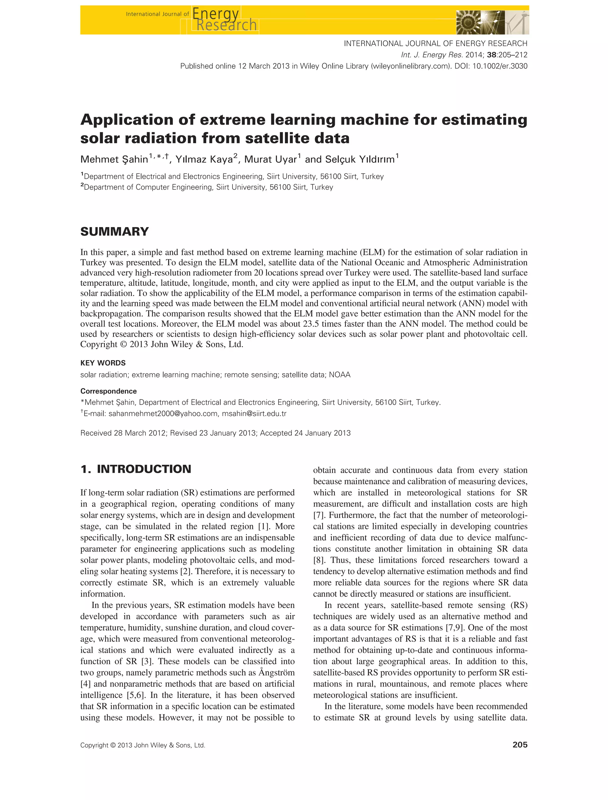 Application of extreme learning machine for estimating solar radiation from satellite data | PDF