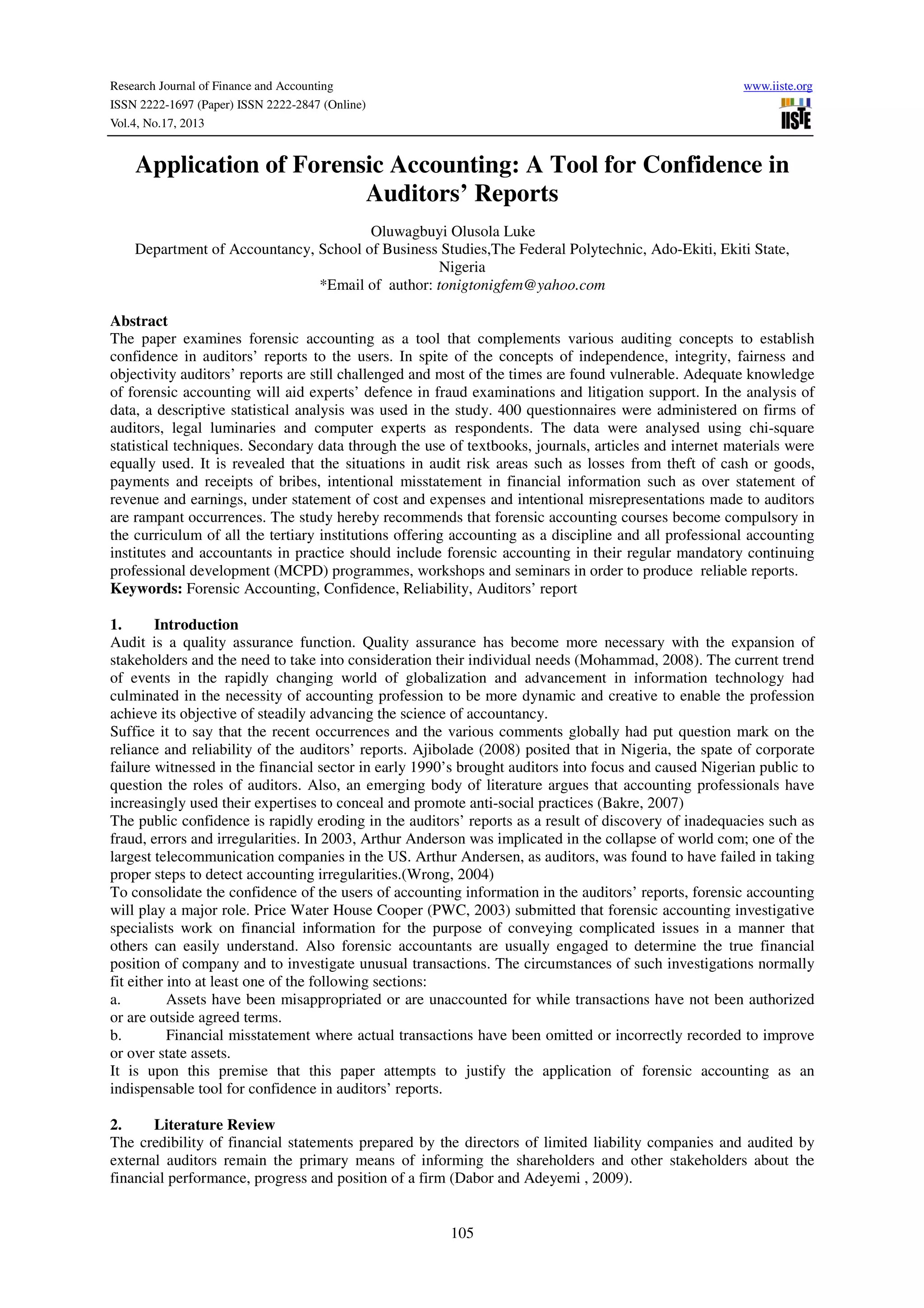 Application of forensic accounting a tool for confidence in auditors’ reports | PDF