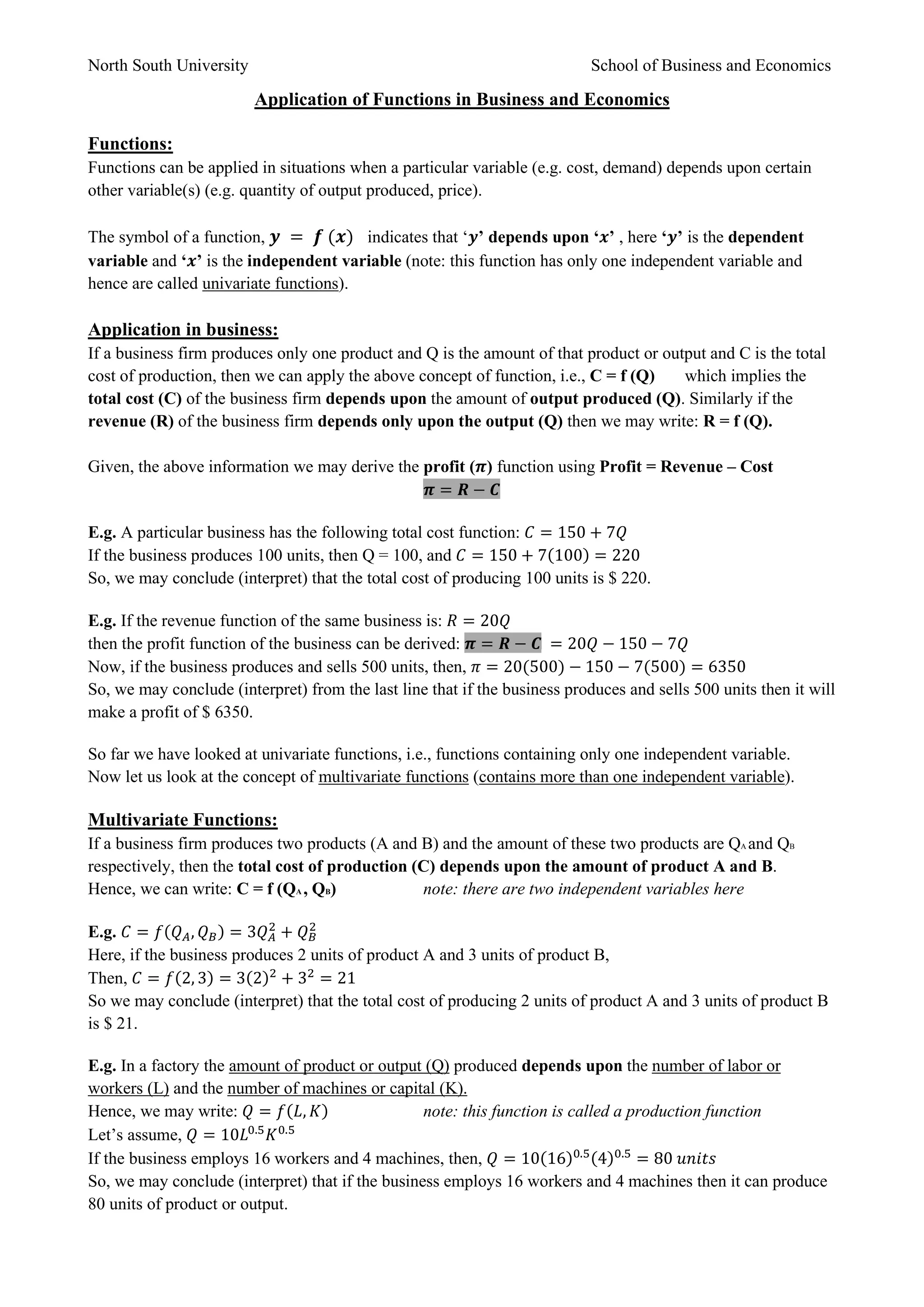 Application of Functions in Business and Economics | PDF