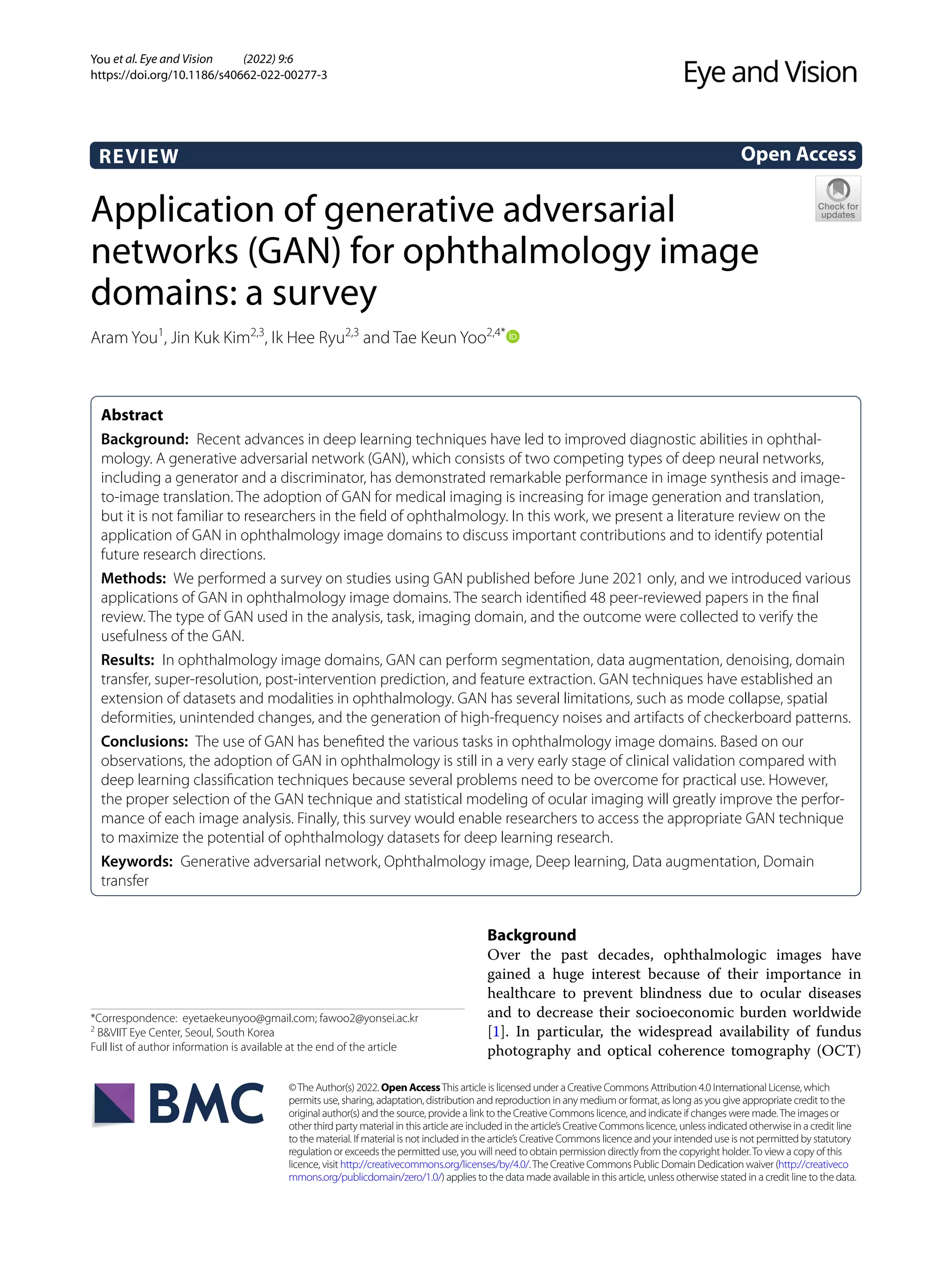 Application of generative adversarial networks (GAN) for ophthalmology image domains - a survey.pdf