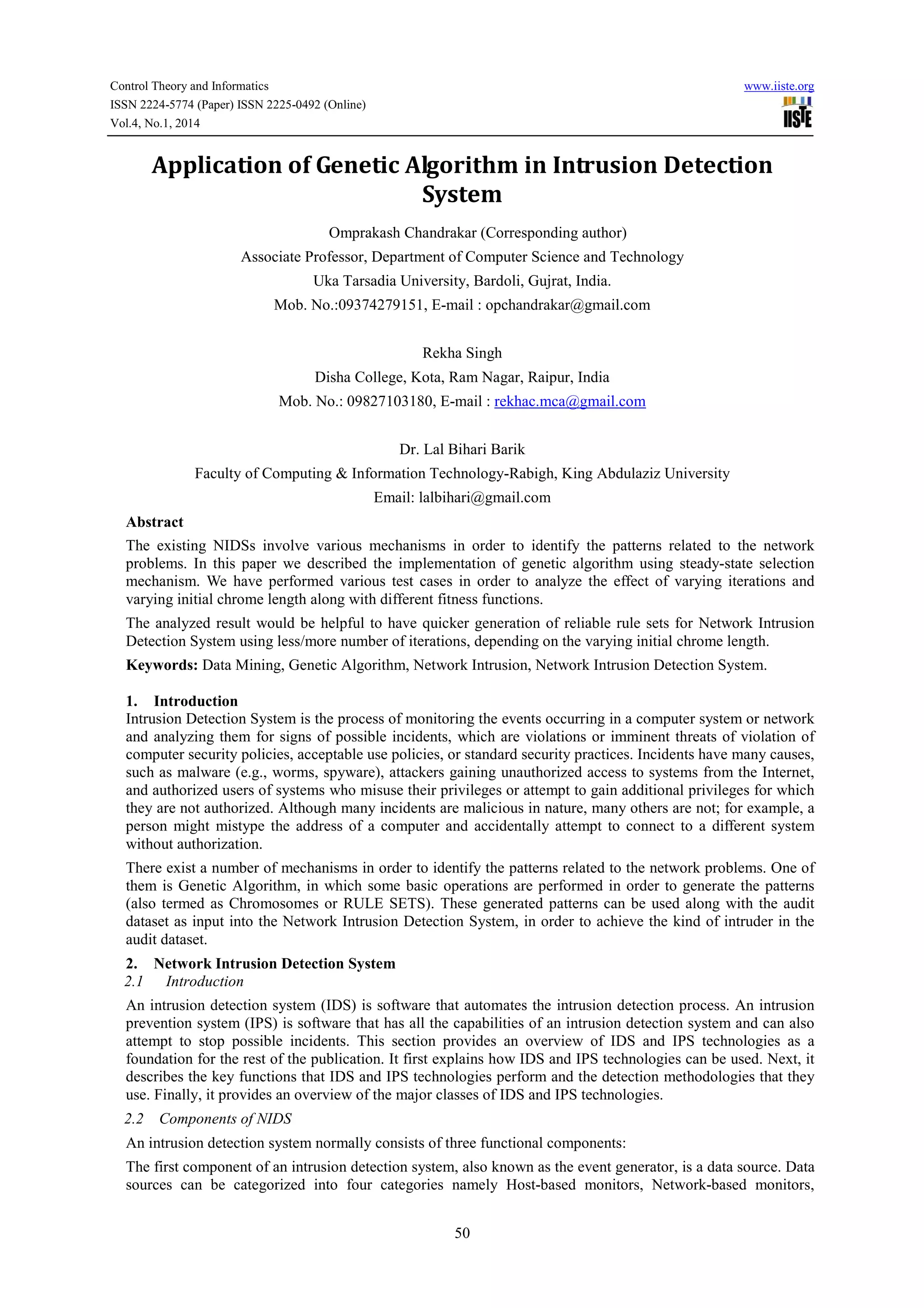 Application Of Genetic Algorithm In Intrusion Detection System Pdf