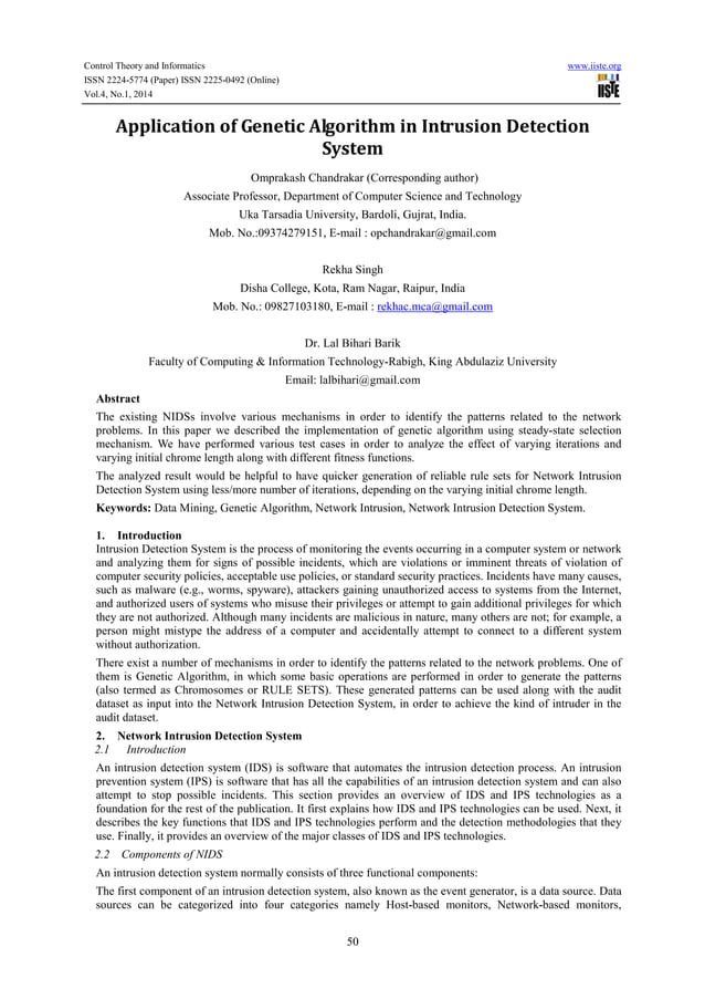 Application of genetic algorithm in intrusion detection system | PDF
