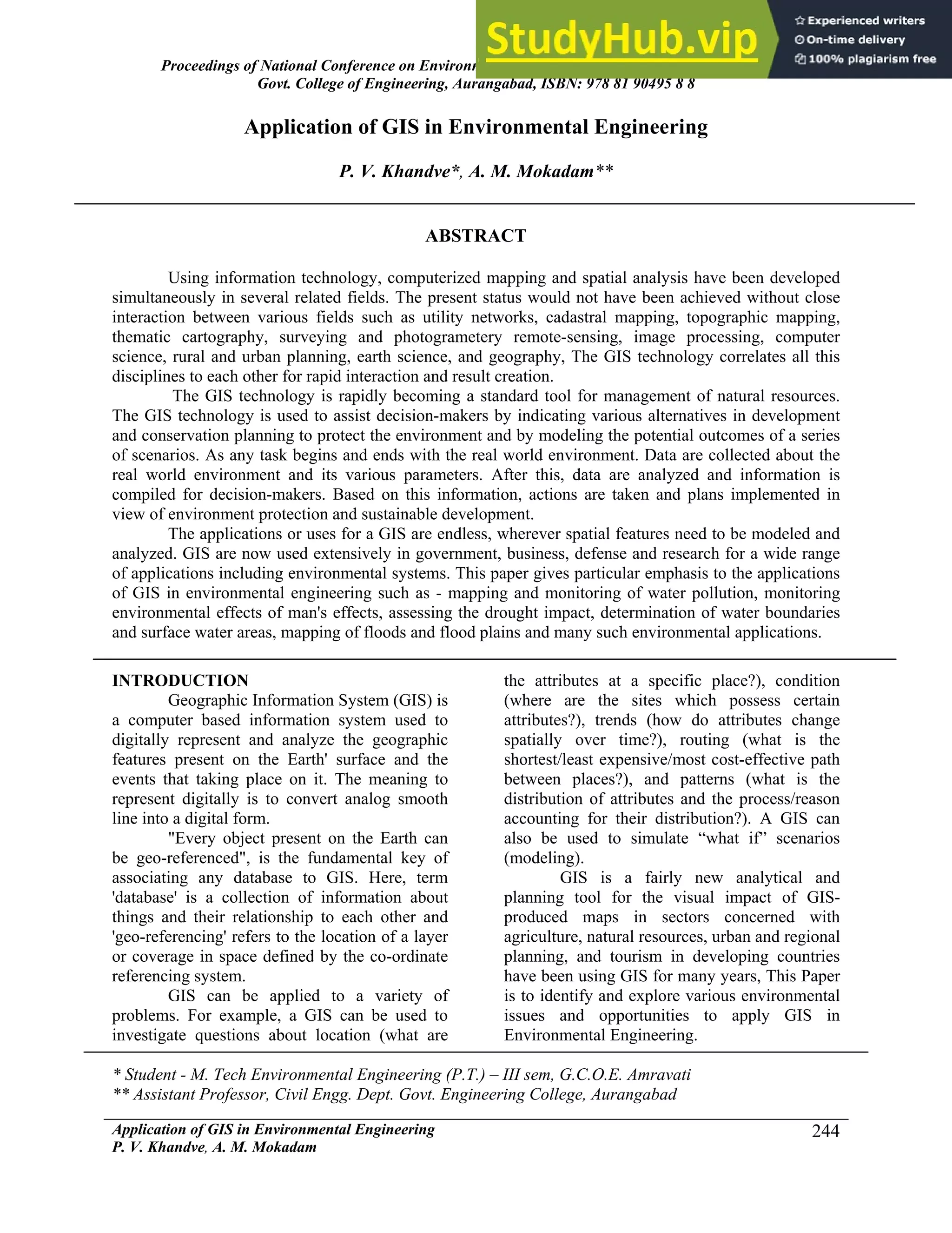 Application Of GIS In Environmental Engineering | PDF