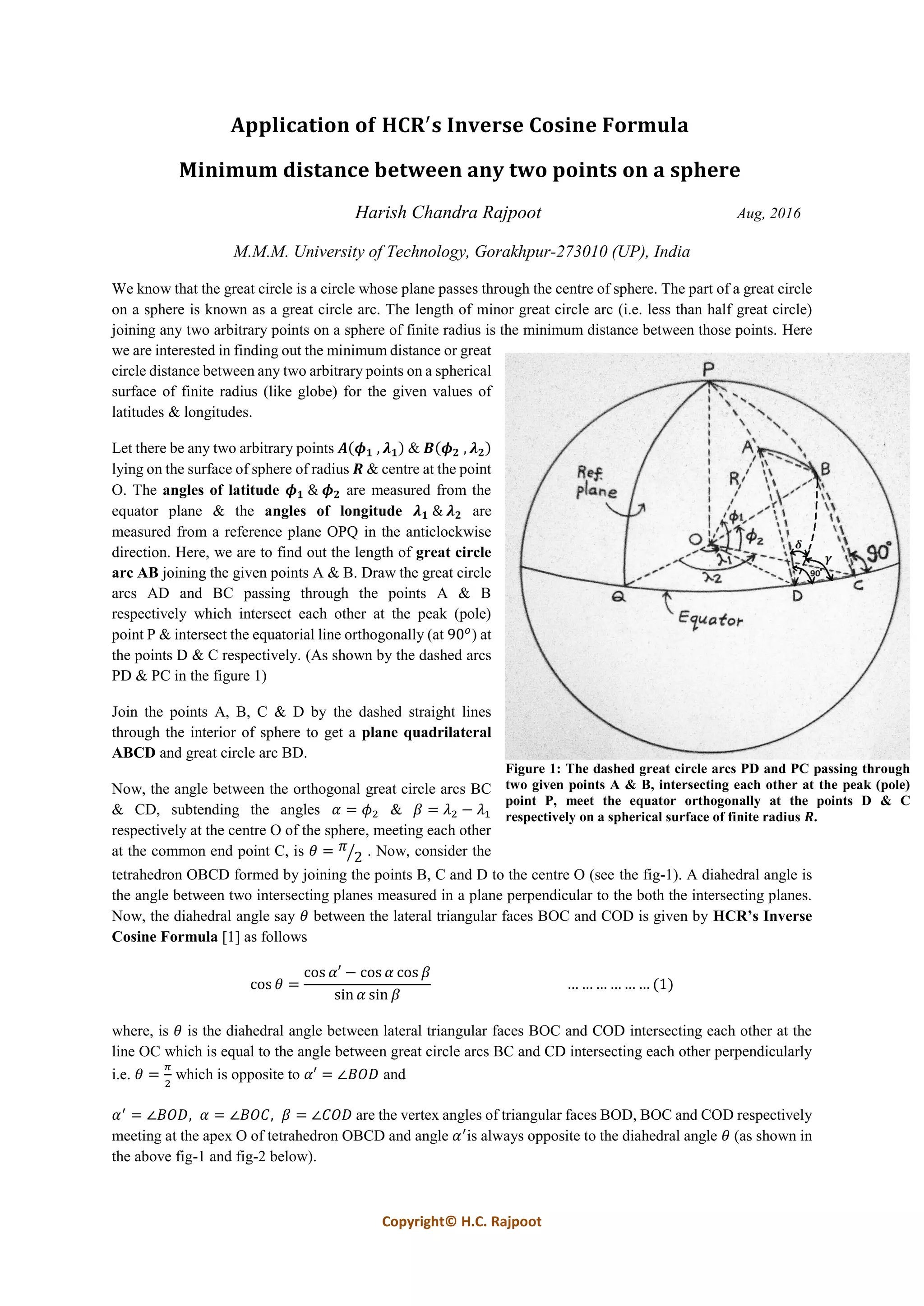 Derivation of great-circle distance formula using of HCR's Inverse ...