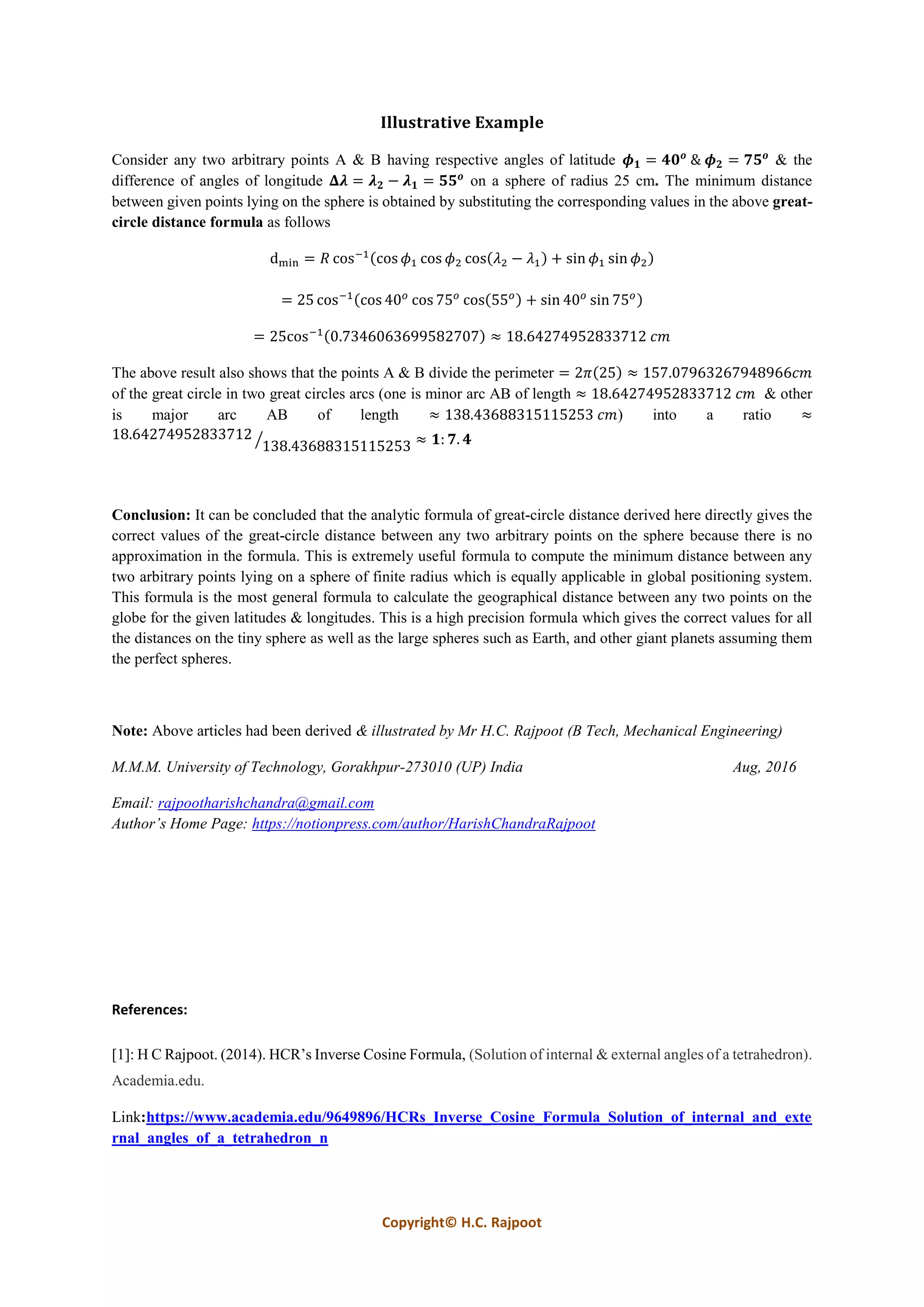 Derivation of great-circle distance formula using of HCR's Inverse ...