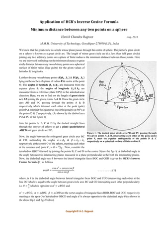Derivation of great-circle distance formula using of HCR's Inverse cosine formula (Minimum ...