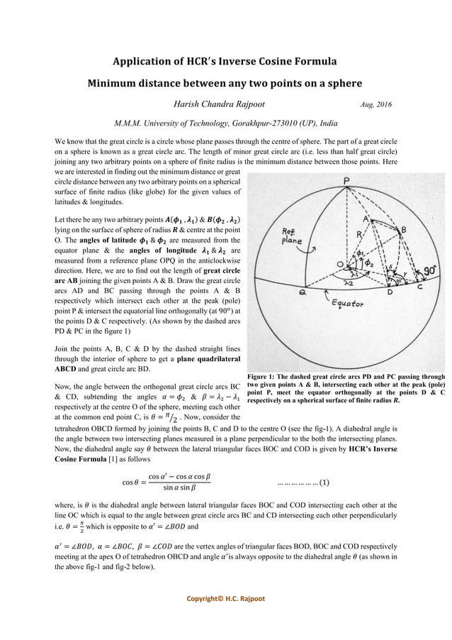 Derivation of great-circle distance formula using of HCR's Inverse ...