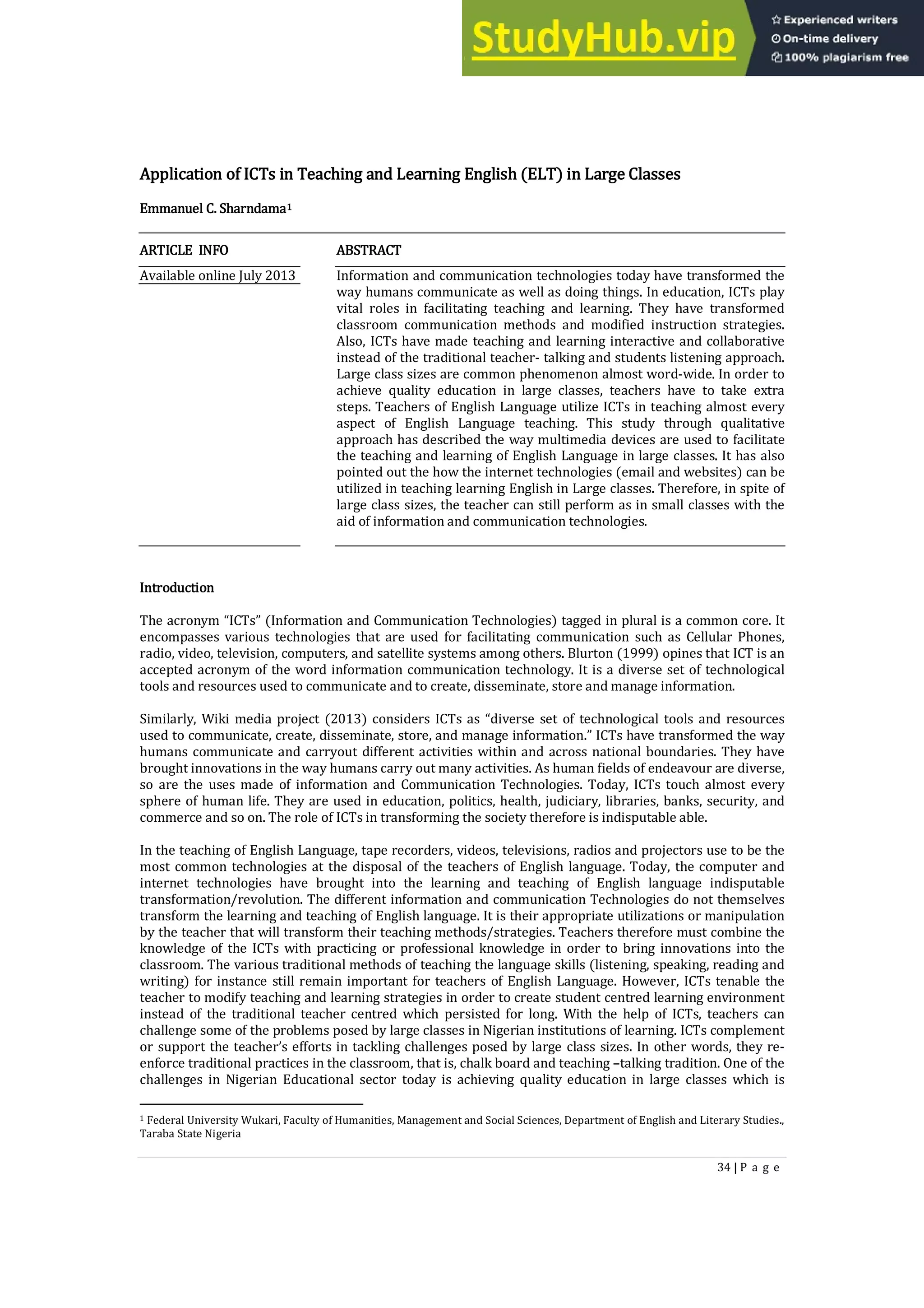 Application Of ICTs In Teaching And Learning English (ELT) In Large Classes | PDF