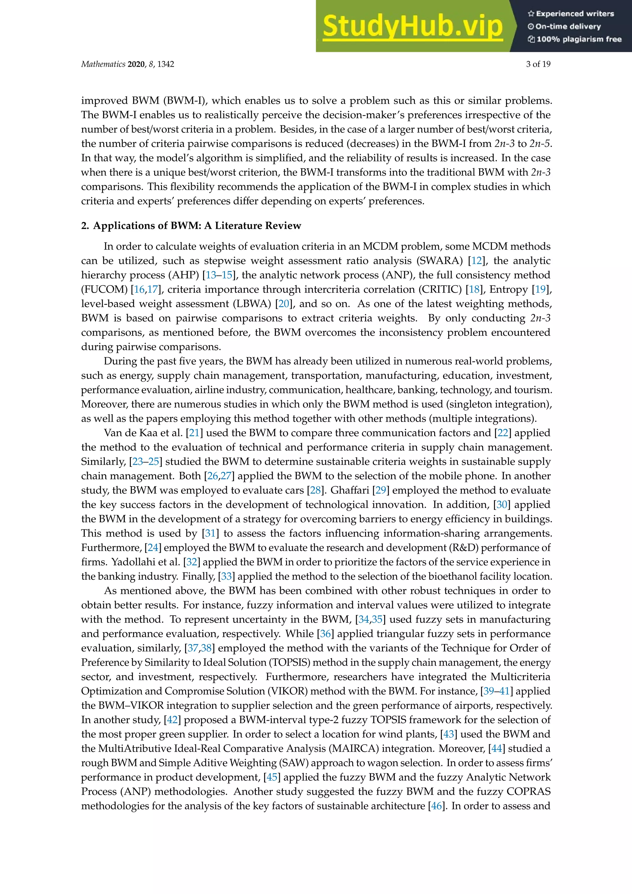 Application Of Improved Best Worst Method (BWM) In Real-World Problems | PDF