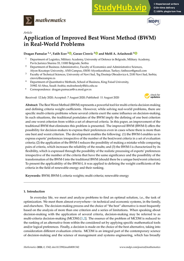 Application Of Improved Best Worst Method (BWM) In Real-World Problems | PDF