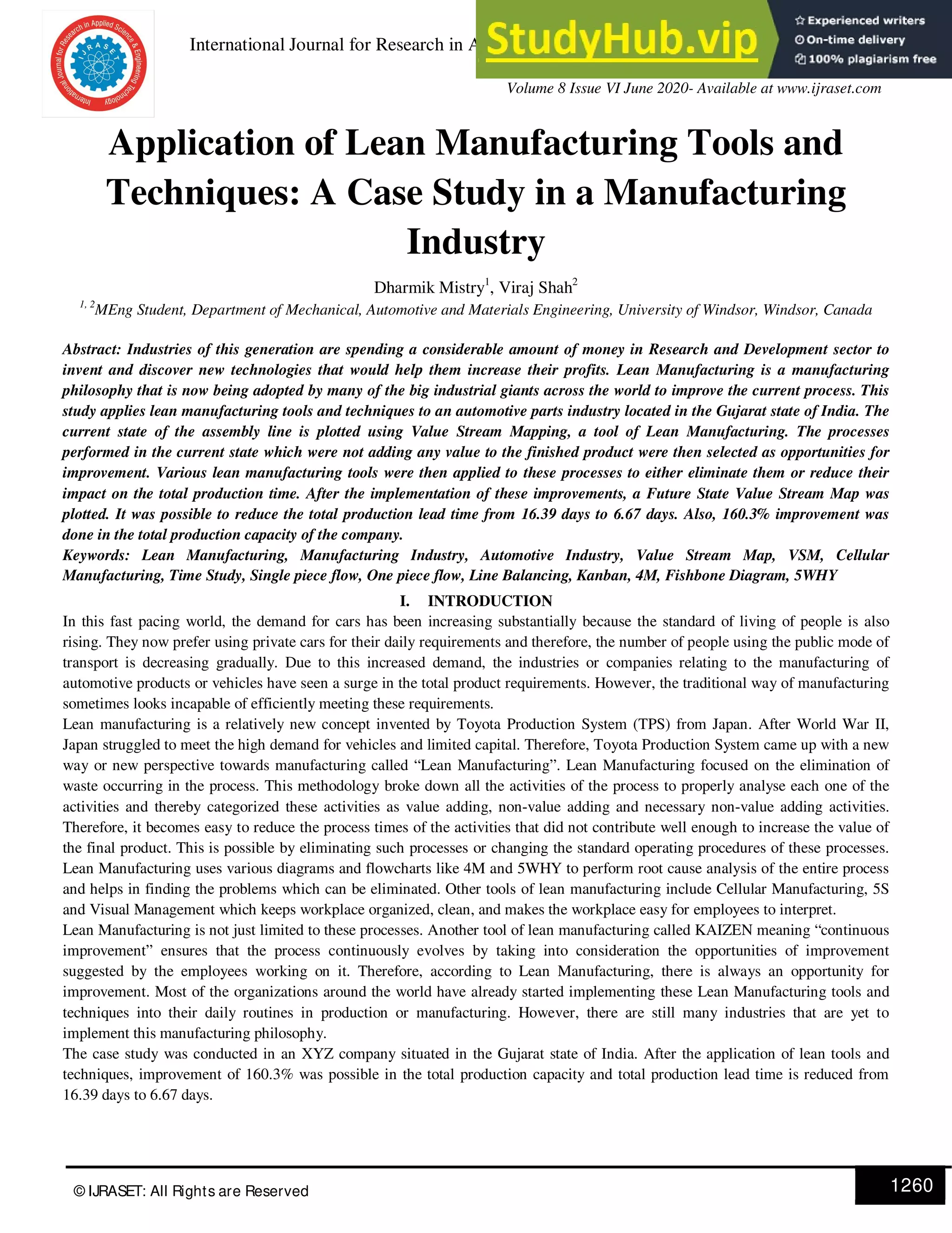 Application Of Lean Manufacturing Tools And Techniques A Case Study In ...