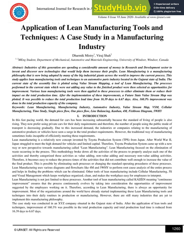 Application Of Lean Manufacturing Tools And Techniques A Case Study In ...