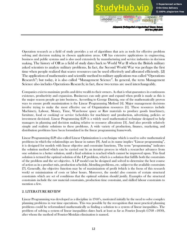 Application of Linear Programming to Profit Maximization (A Case Study ...