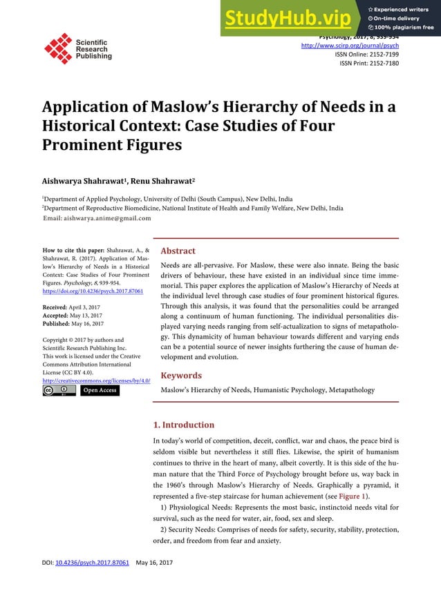 Application Of Maslow S Hierarchy Of Needs In A Historical Context Case ...