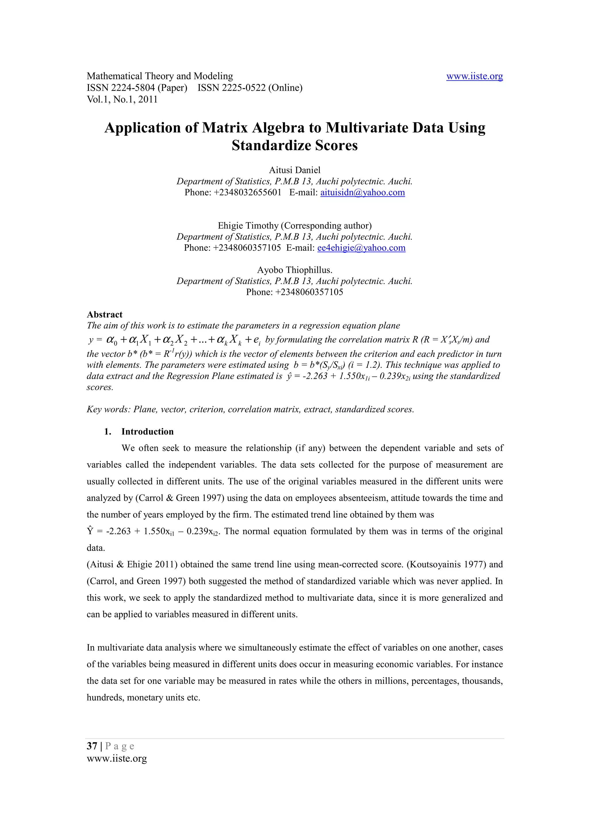 Application of matrix algebra to multivariate data using standardize scores | PDF