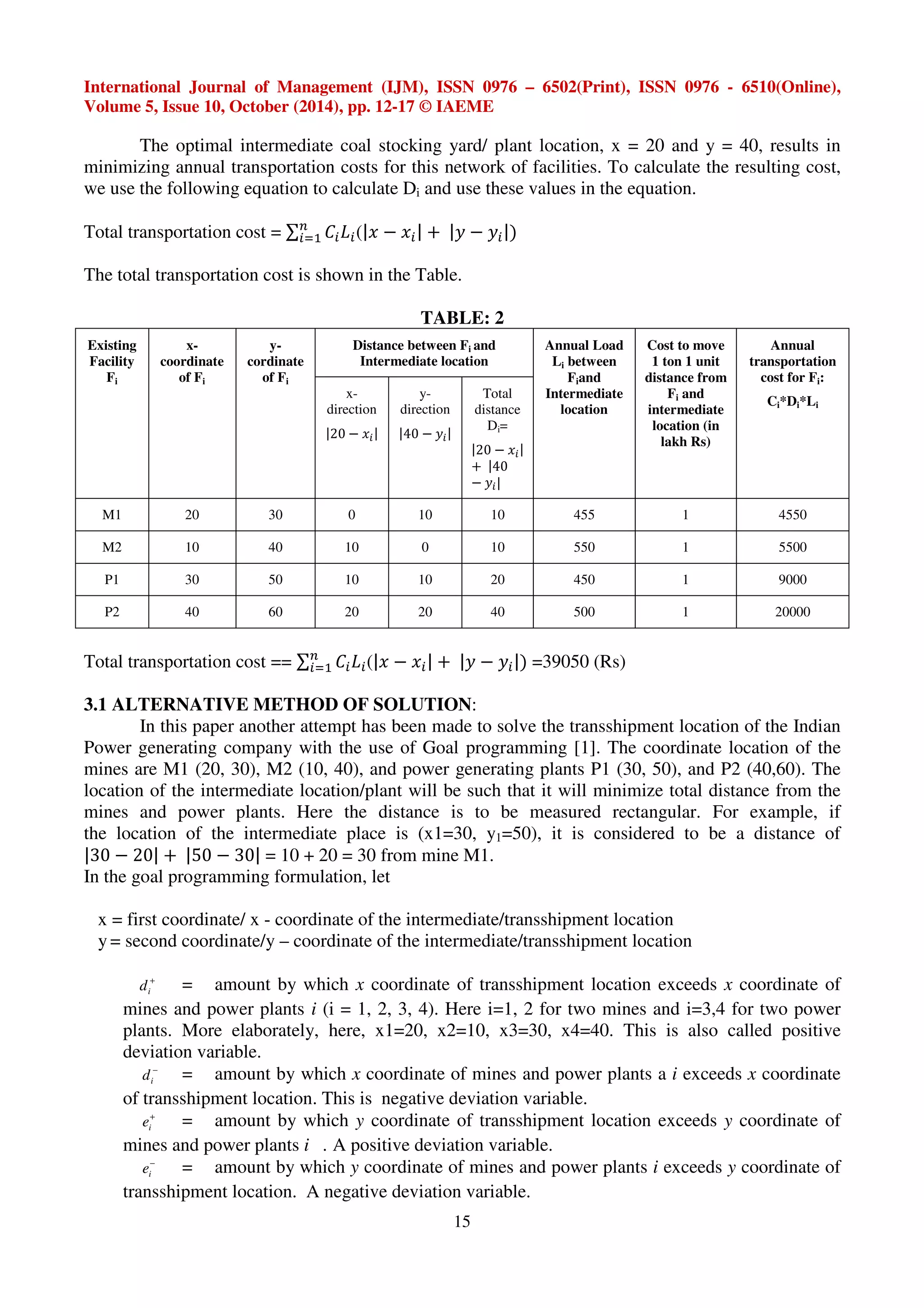 Application of median model and goal programming models for selection of transshipment location ...