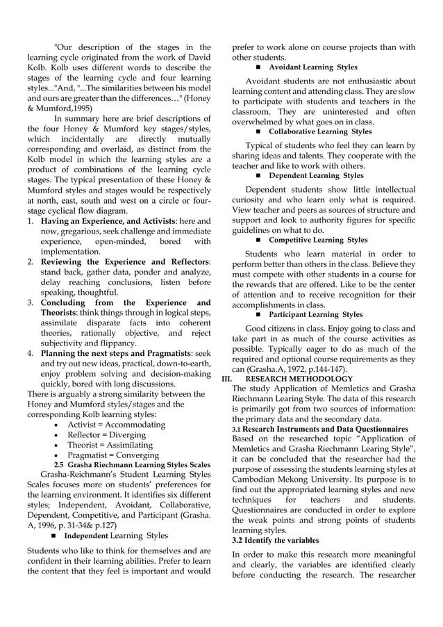 Application of memletics and grasha riechmann learing style