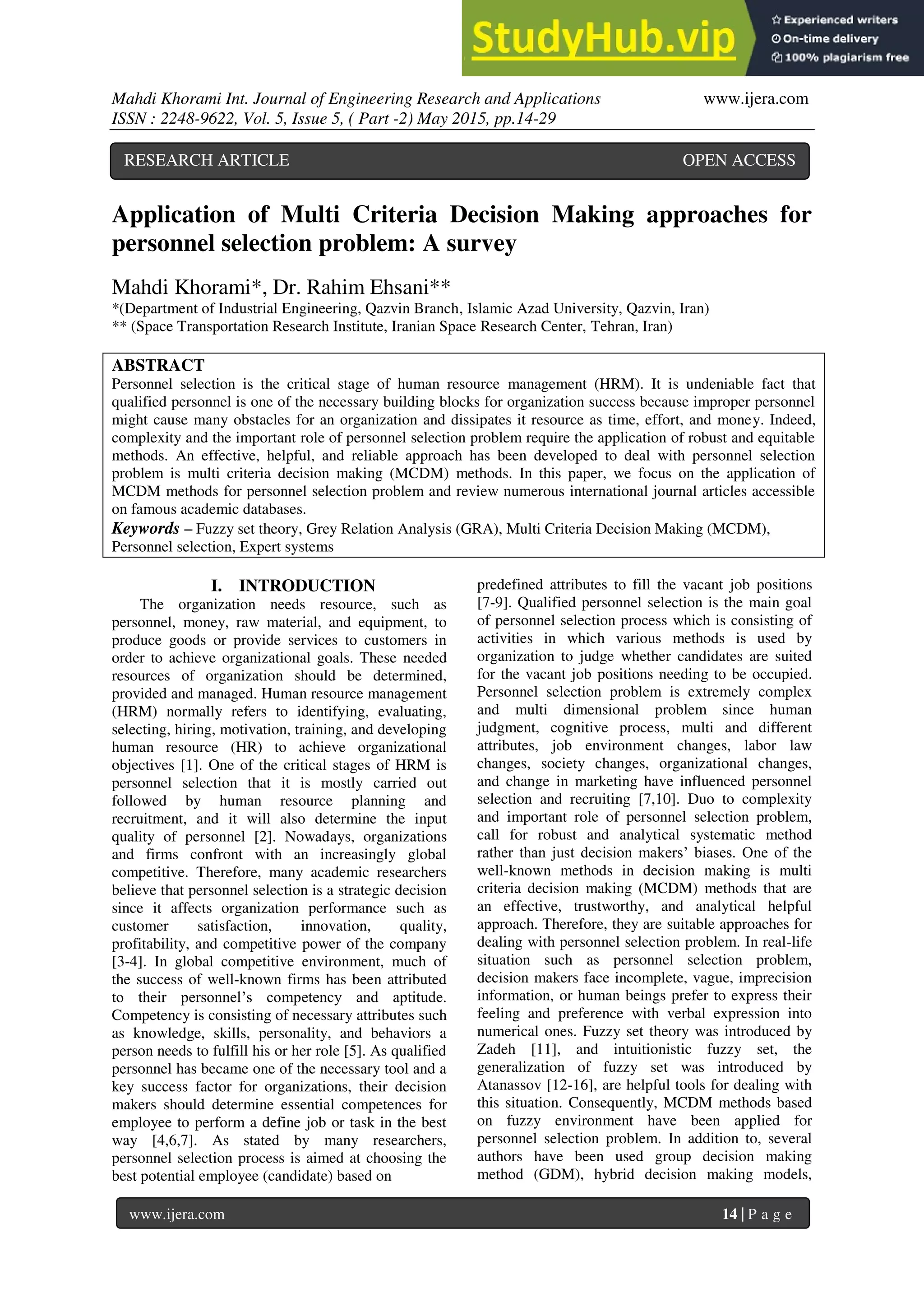 Application Of Multi Criteria Decision Making Approaches For Personnel Selection Problem A