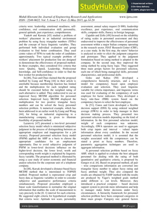 Application Of Multi Criteria Decision Making Approaches For Personnel Selection Problem A ...