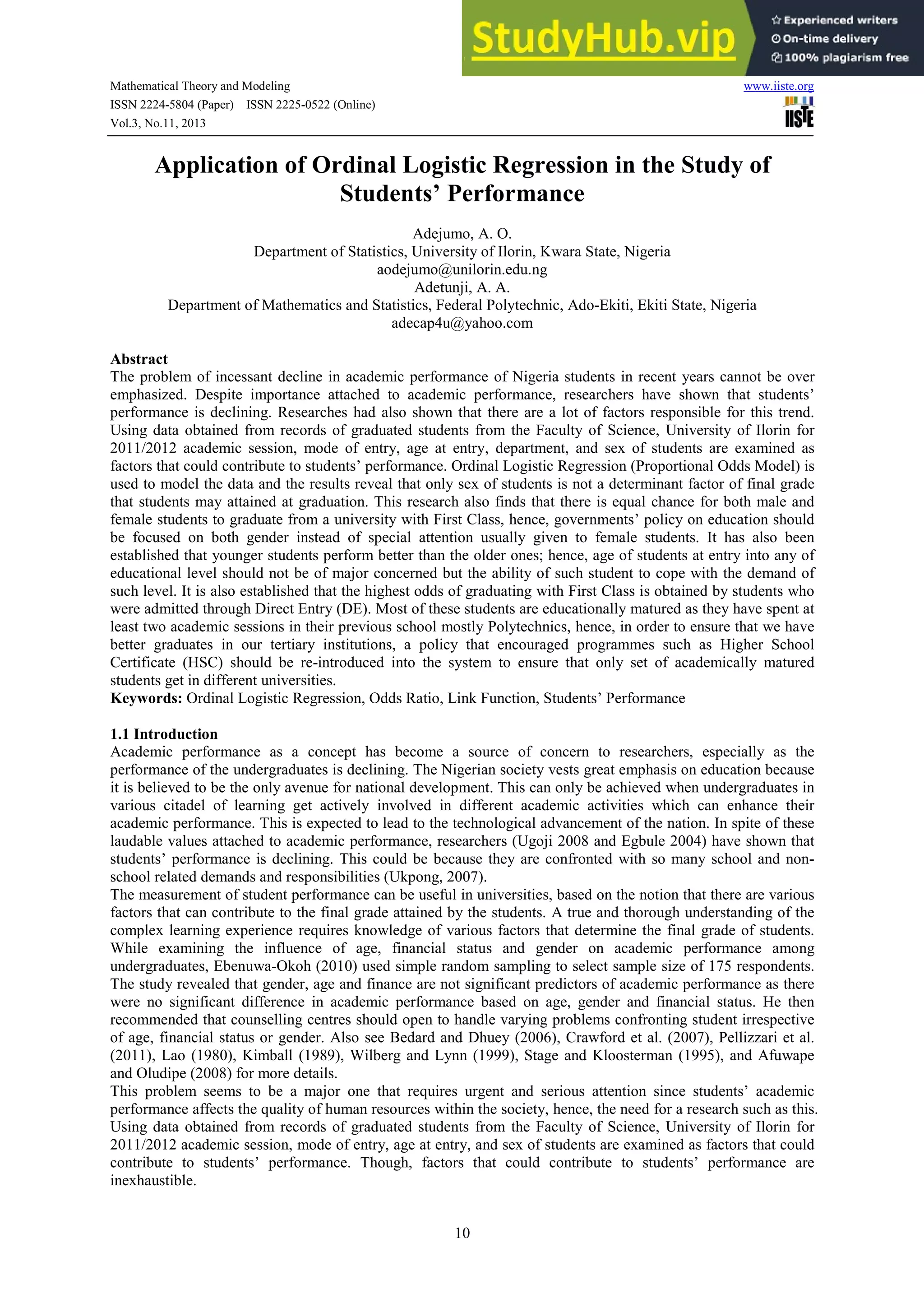 Application Of Ordinal Logistic Regression In The Study Of Students ...
