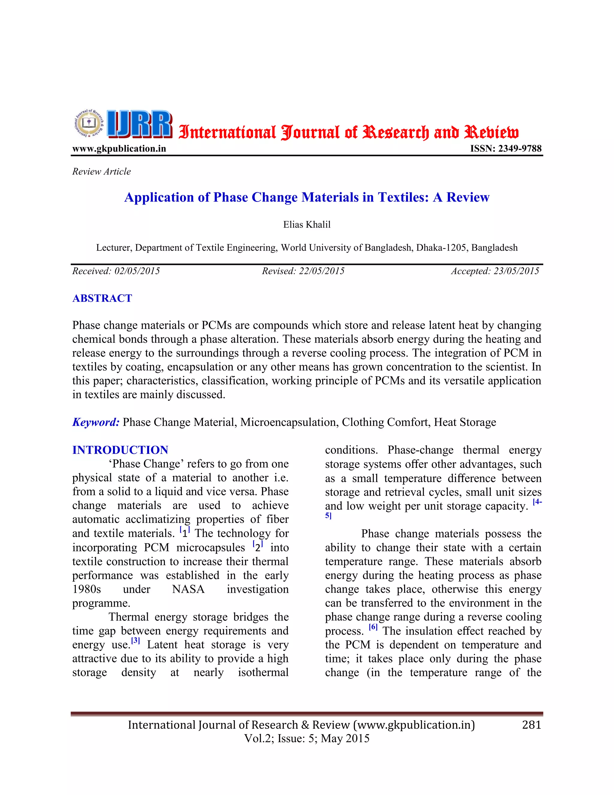 Application of Phase Change Materials in Textiles: A Review | PDF