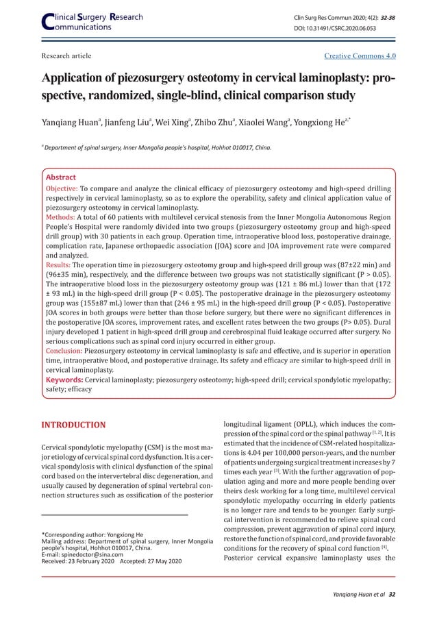 Application Of Piezosurgery Osteotomy In Cervical Laminoplasty