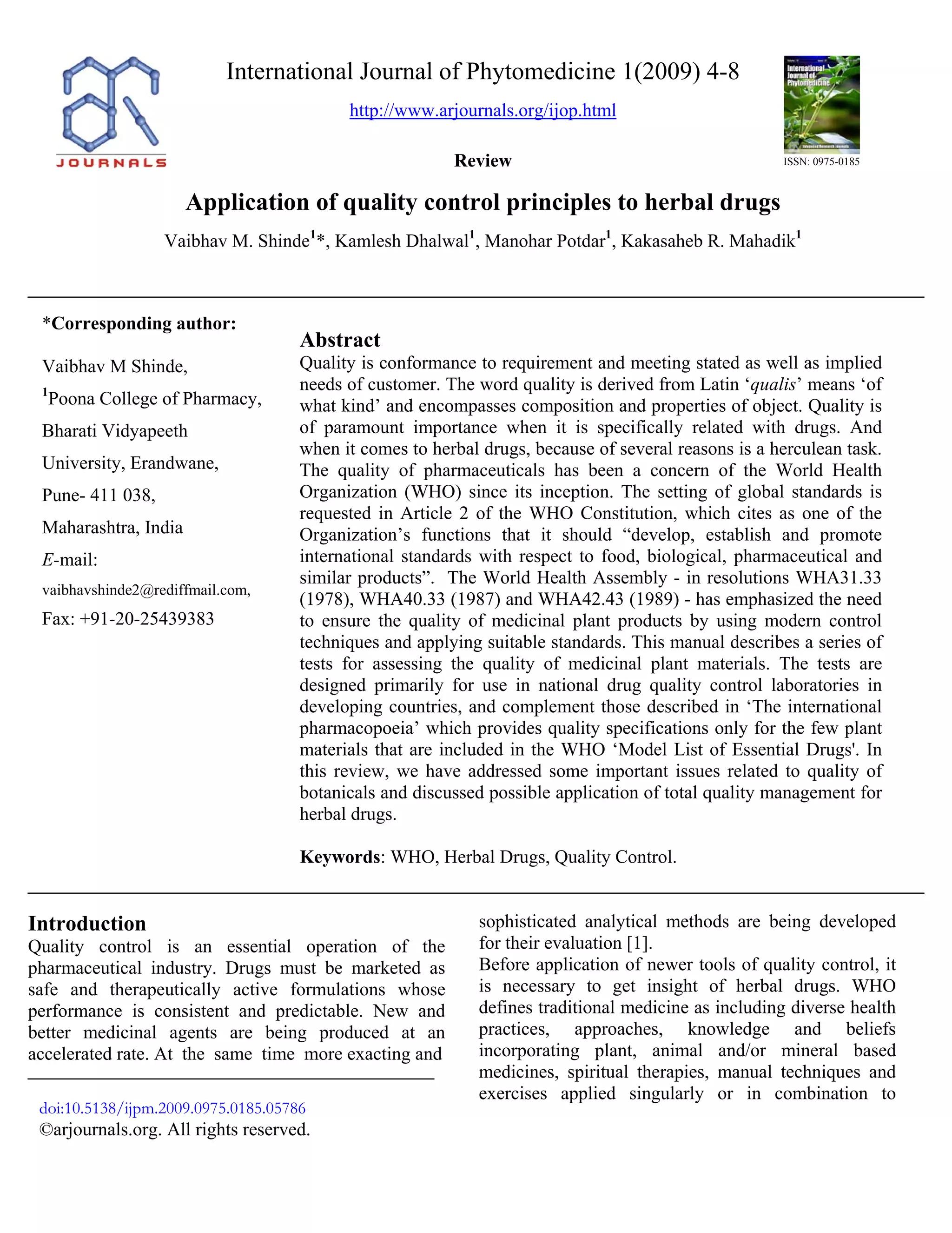 Application of quality control principles to herbal drugs | PDF