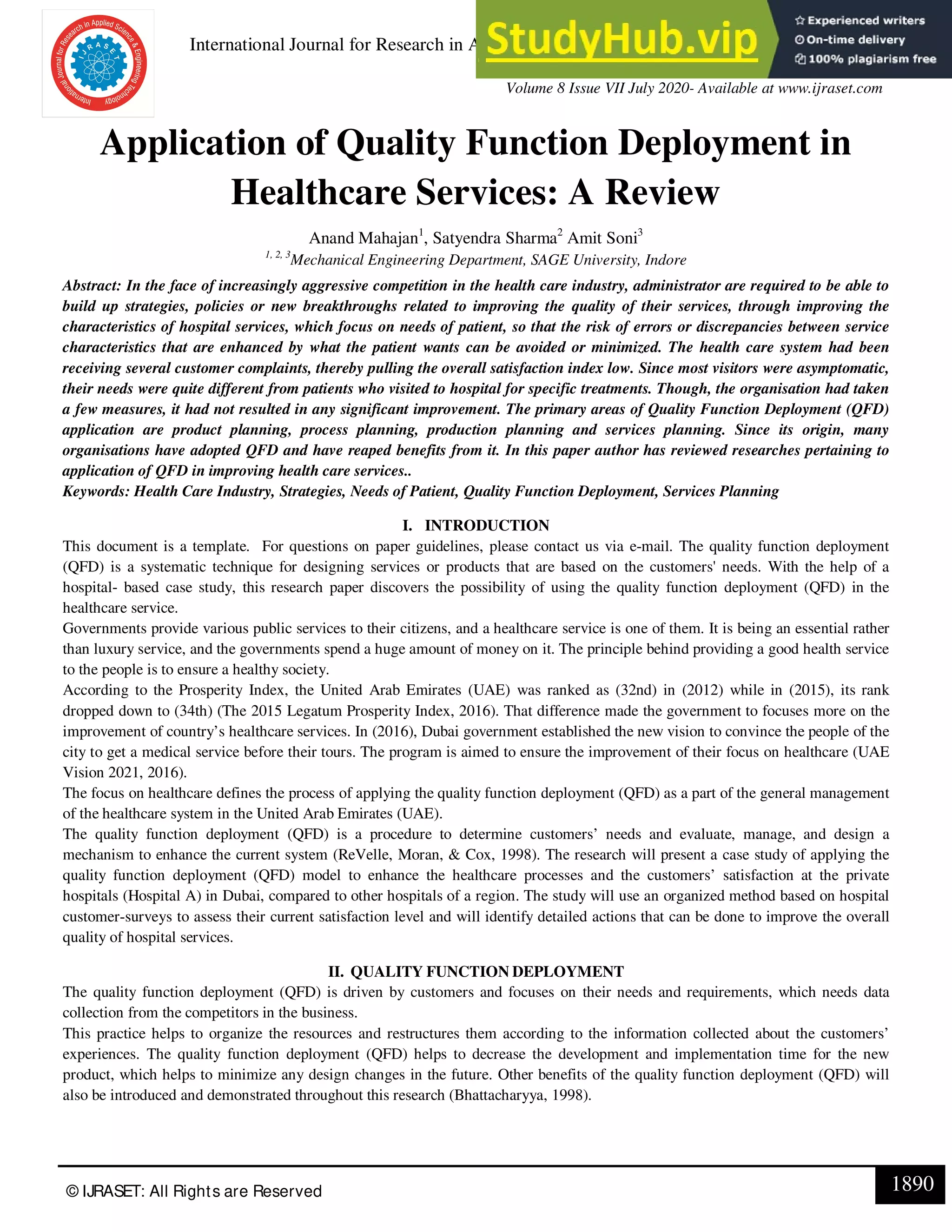 Application Of Quality Function Deployment In Healthcare Services A Review | PDF