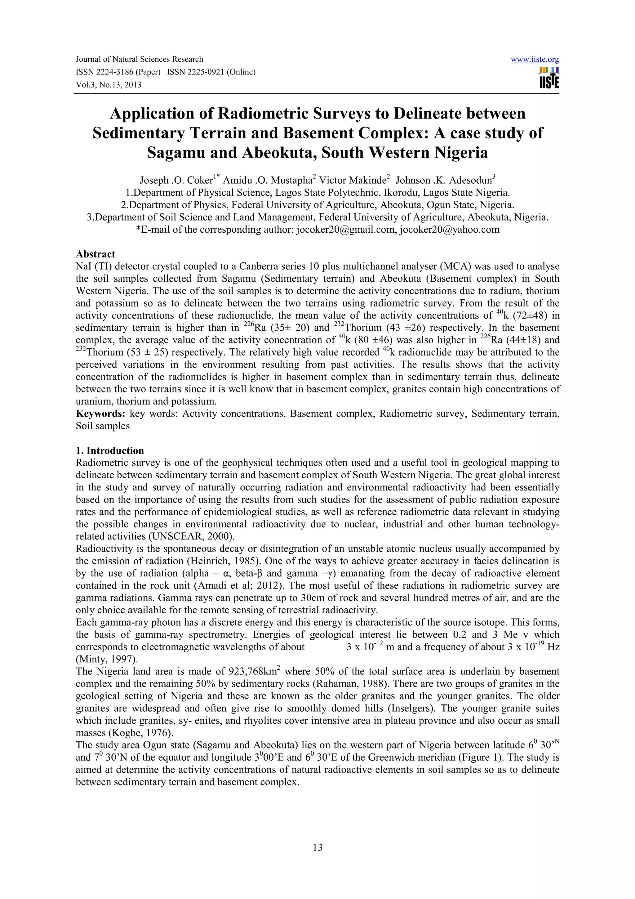 Application of radiometric surveys to delineate between sedimentary ...