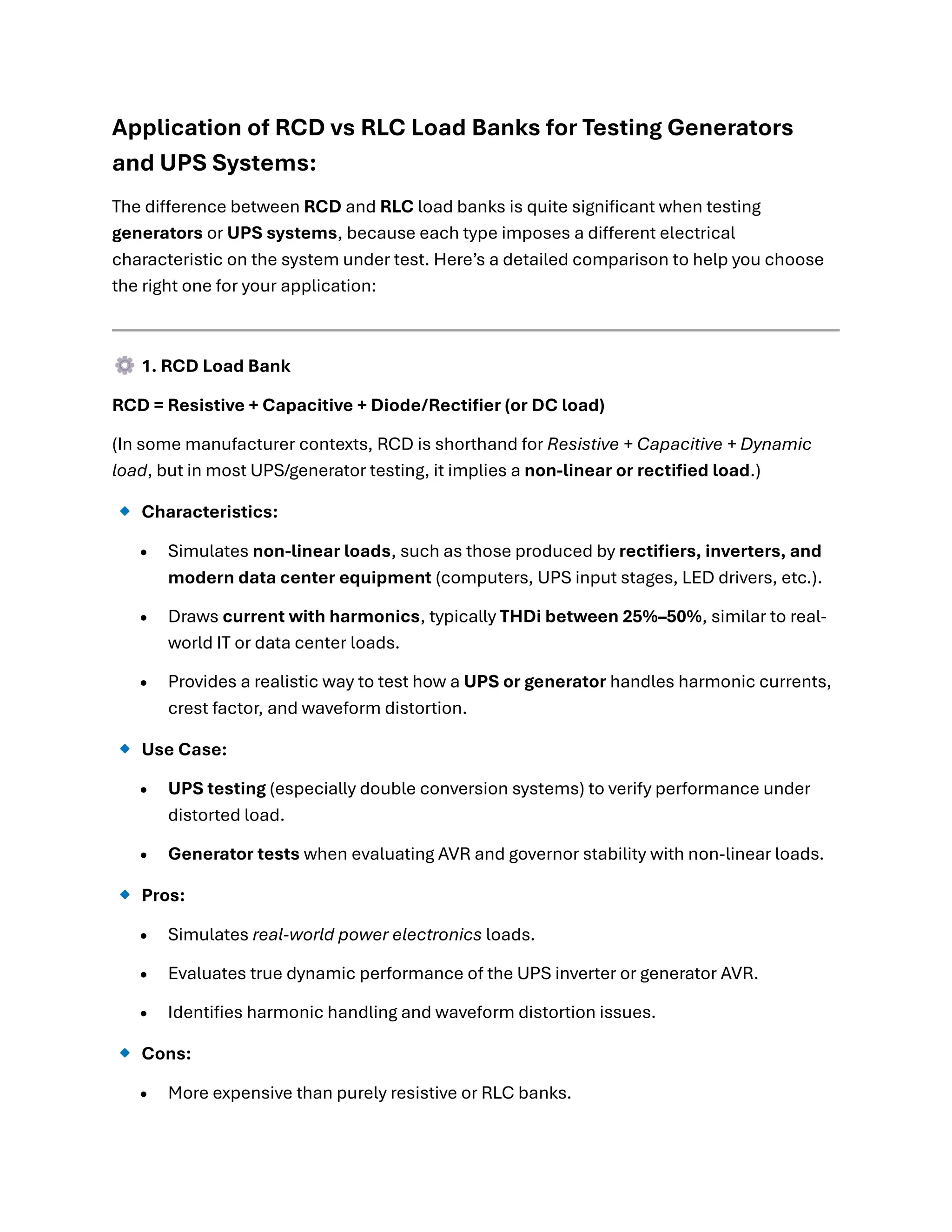Application of RCD vs RLC Load Banks for Testing Generators and UPS ...