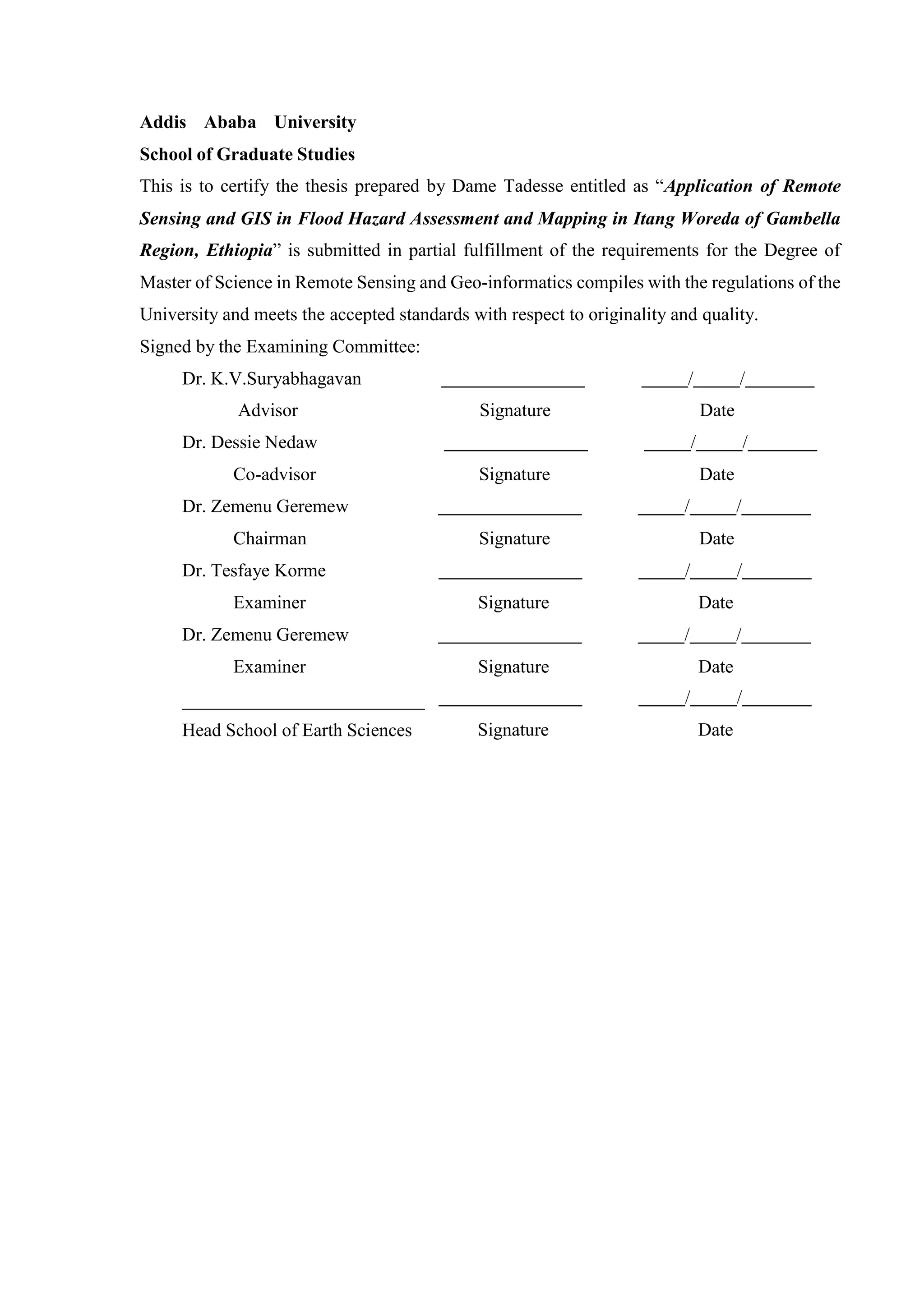 APPLICATION OF REMOTE SENSING AND GIS IN FLOOD HAZARD assesment and ...