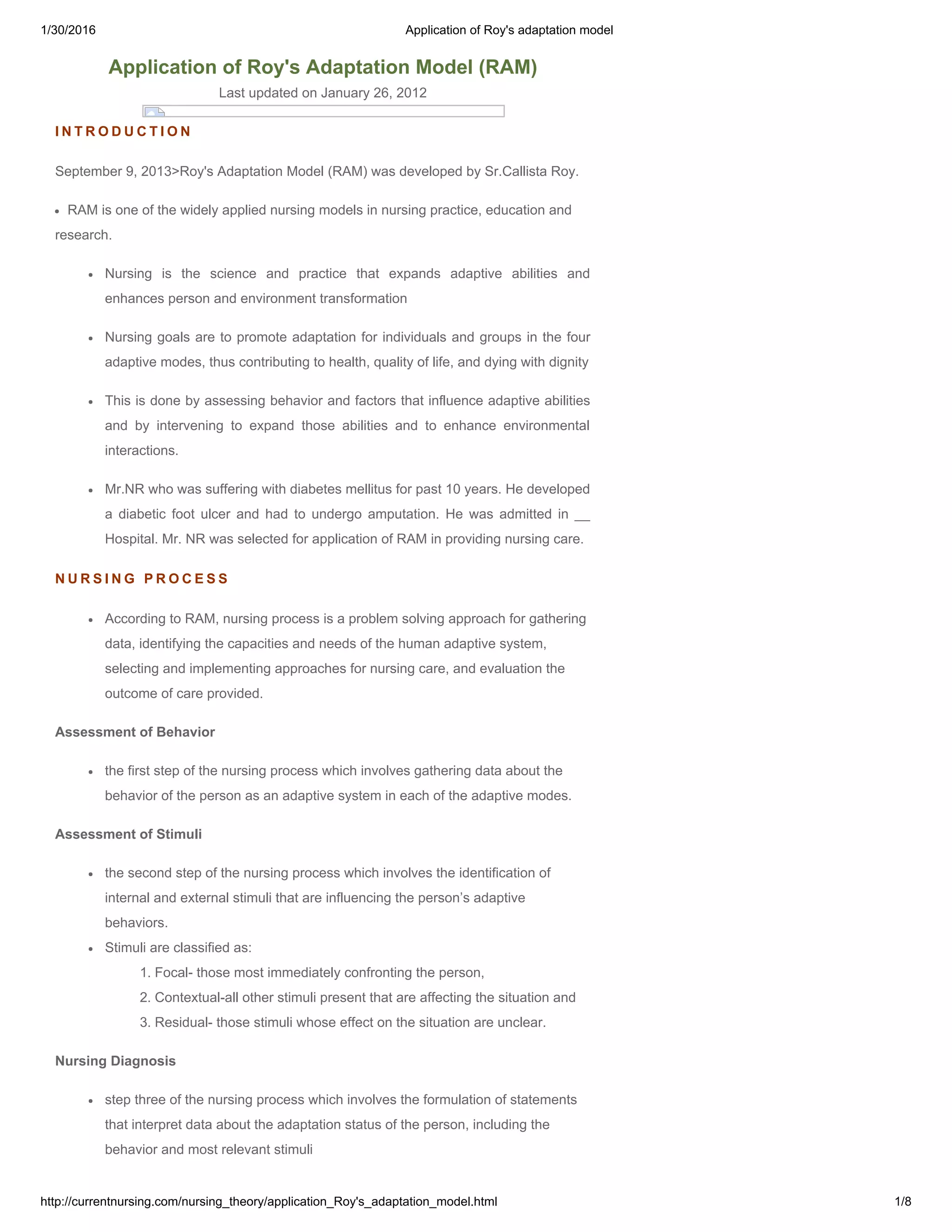 Application of roy's adaptation model | PDF