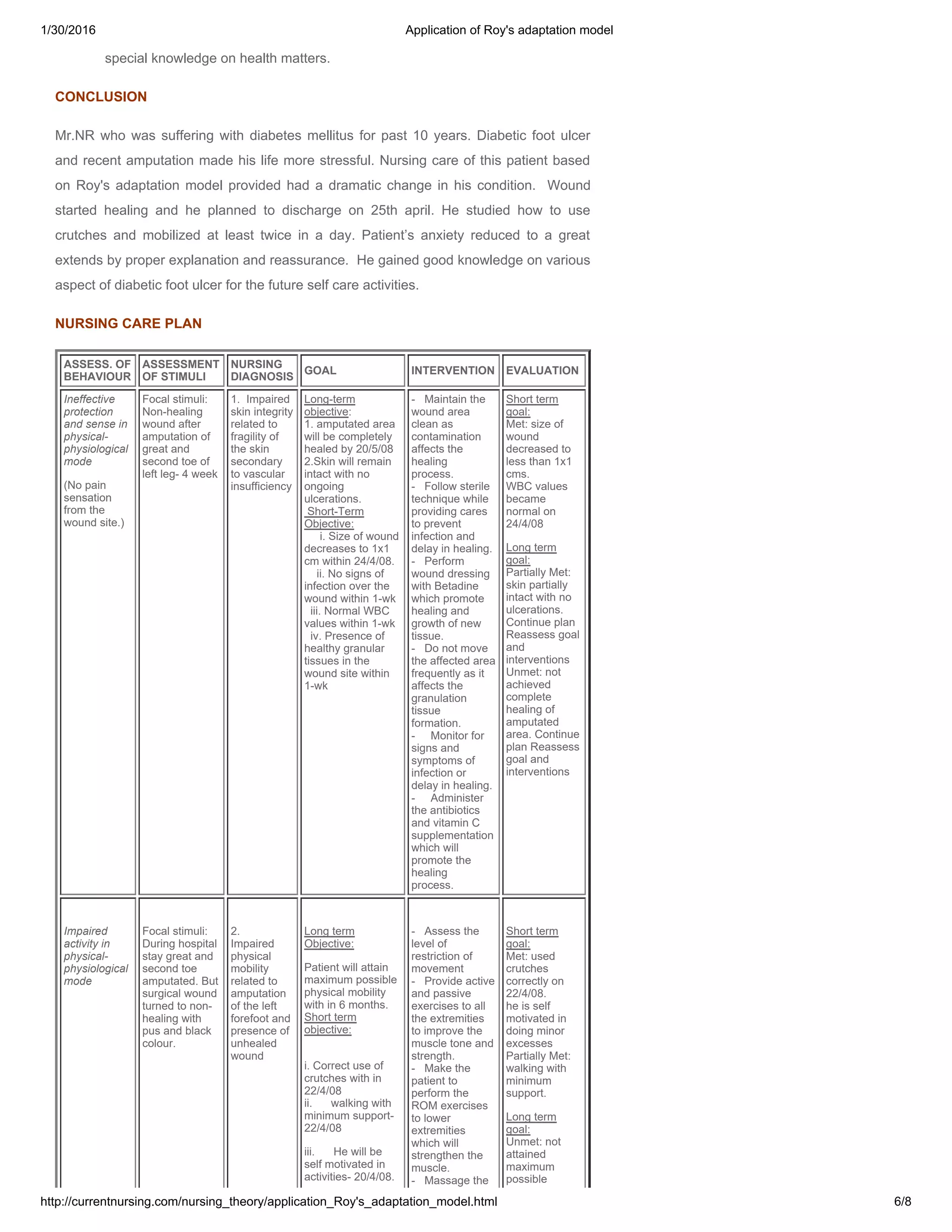 Application of roy's adaptation model | PDF