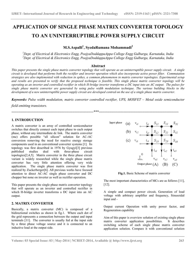 Application of single phase matrix converter topology to an uninterruptible power supply circuit ...