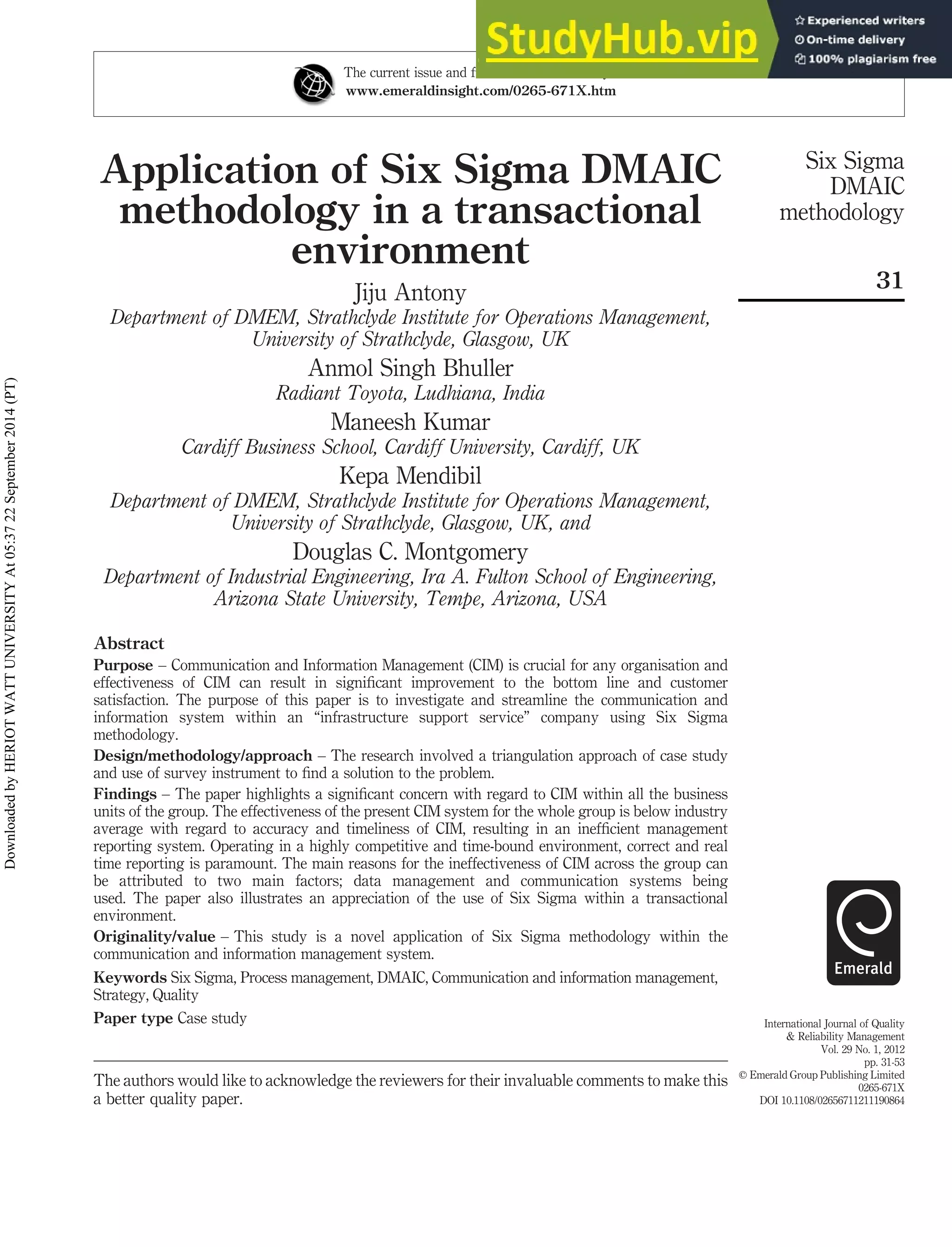 Application Of Six Sigma DMAIC Methodology In A Transactional ...