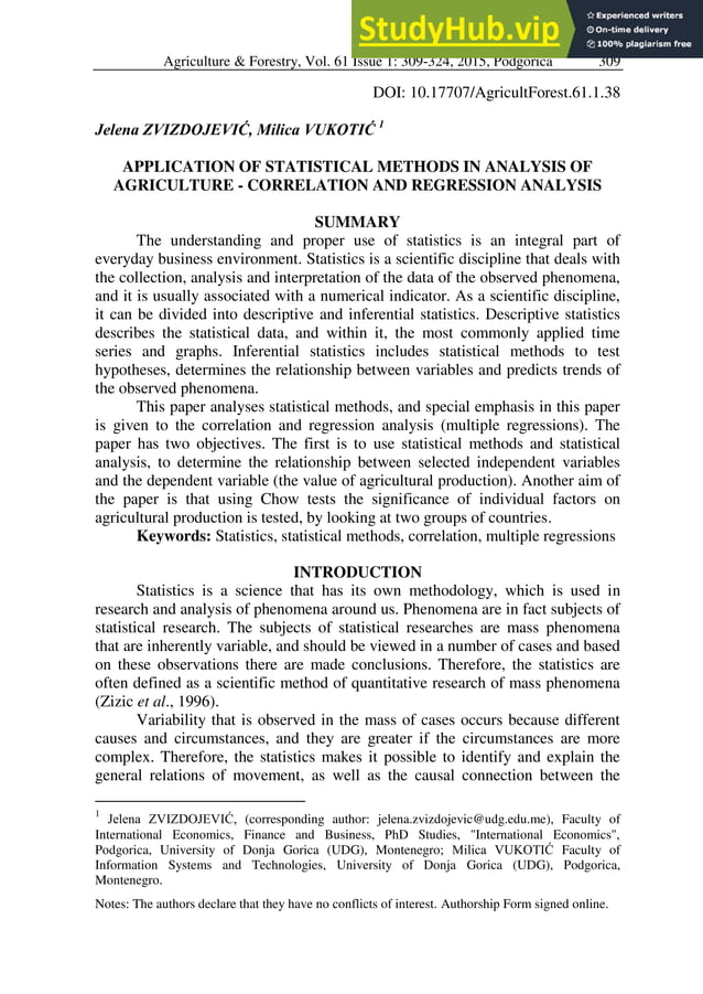 Application Of Statistical Methods In Analysis Of Agriculture Correlation And Regression
