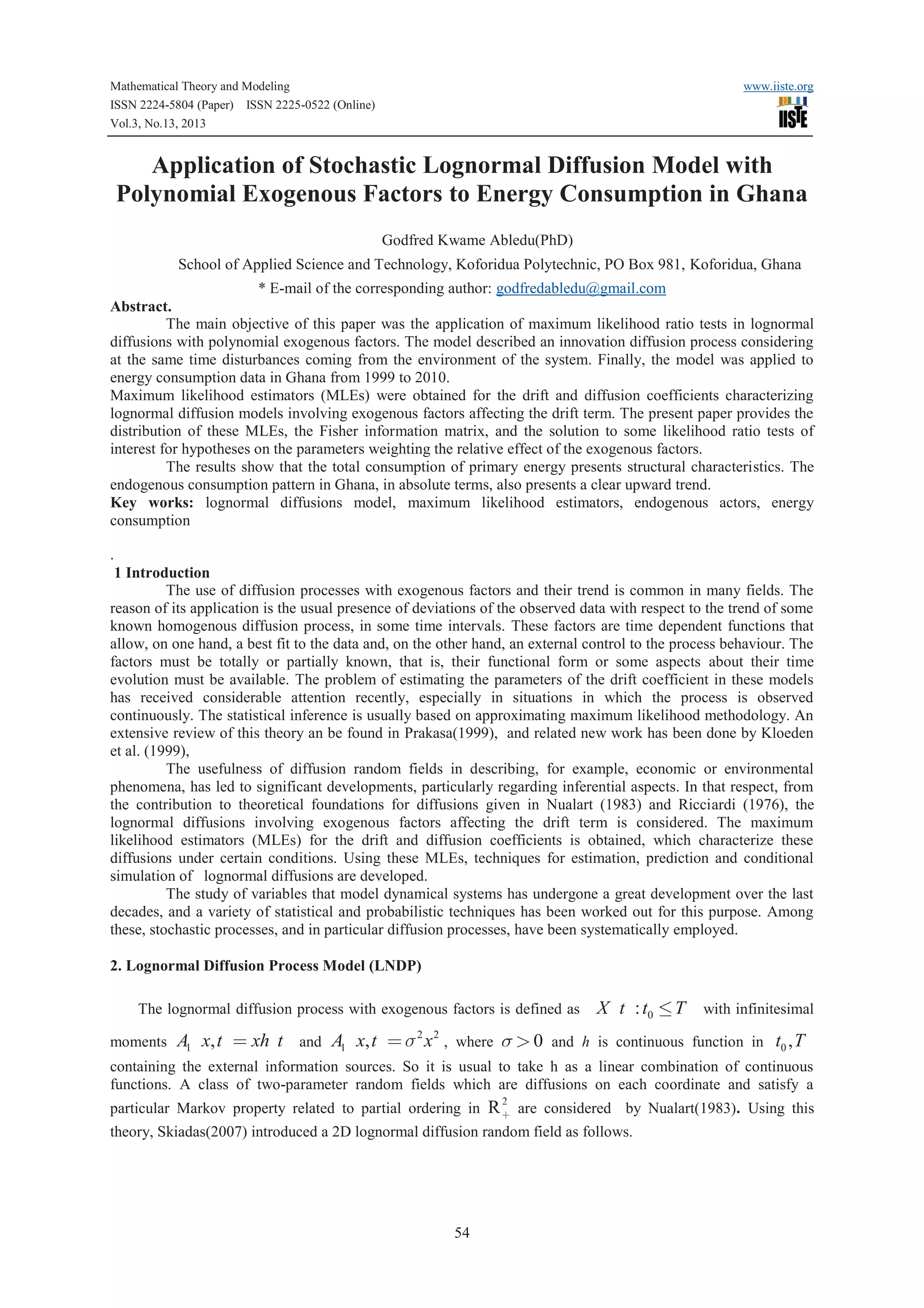 Application Of Stochastic Lognormal Diffusion Model With Pdf