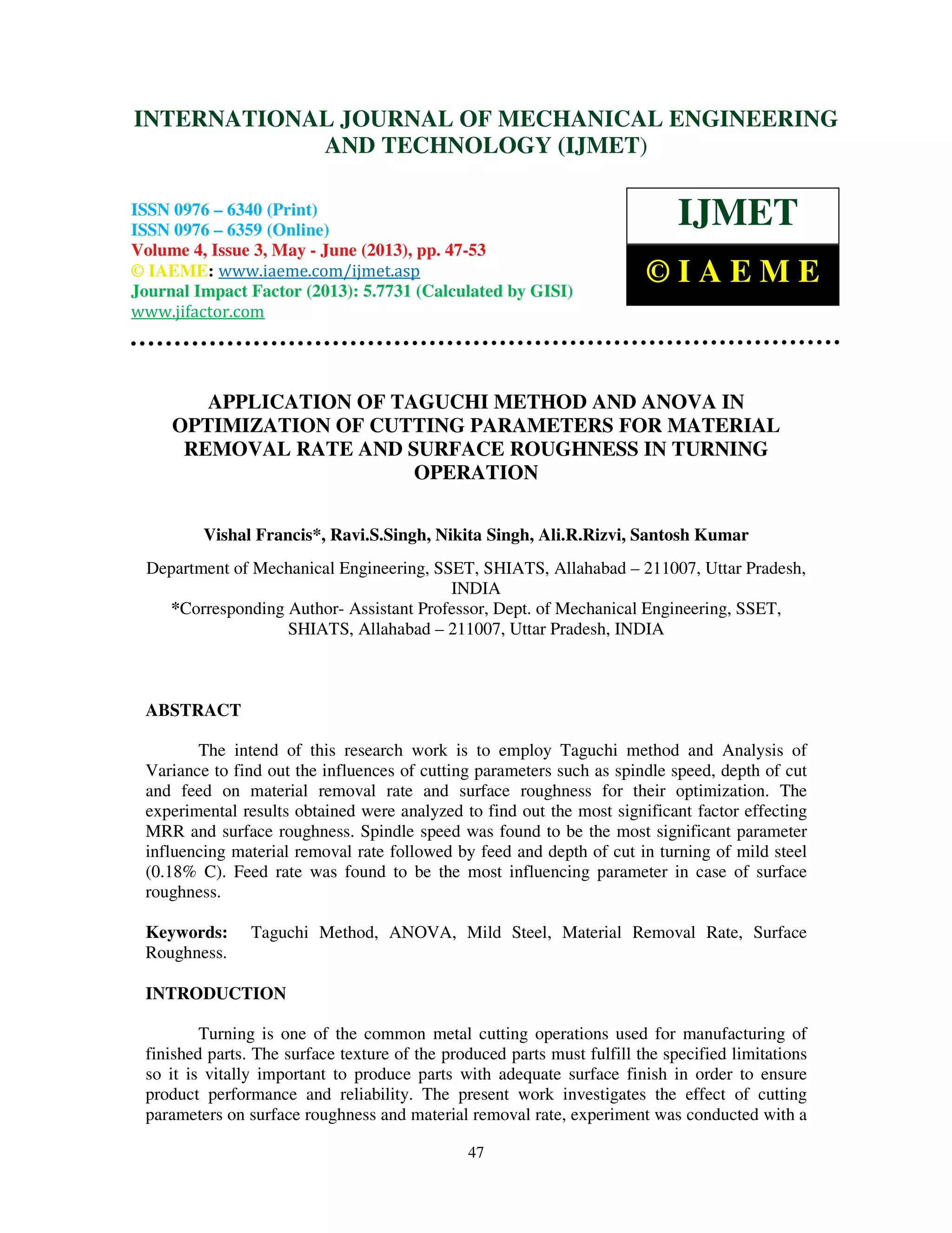 Application Of Taguchi Method And Anova In Optimization Of Cutting Pdf