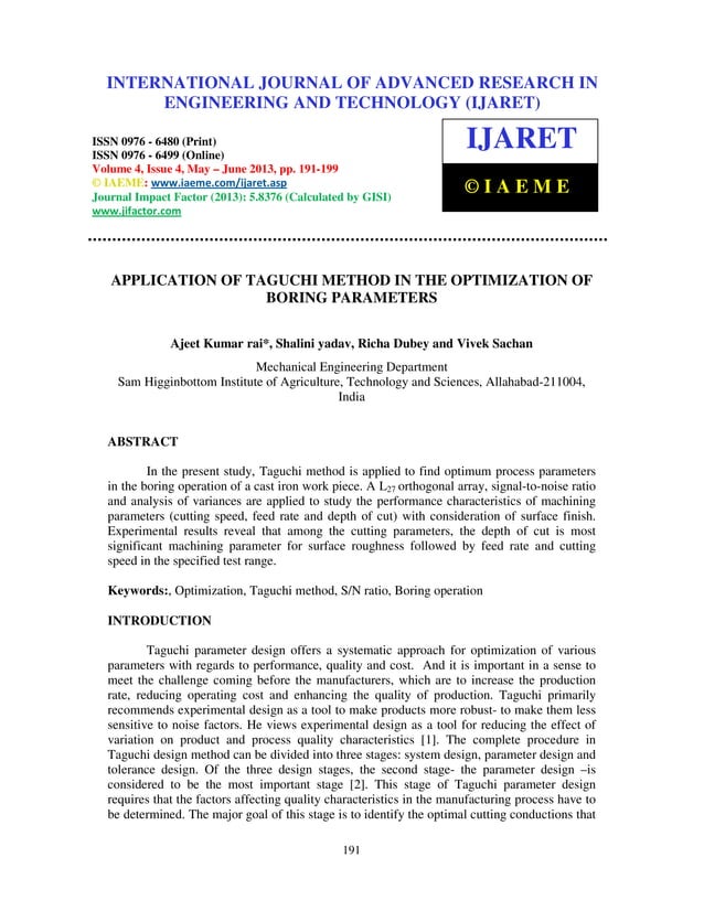 Application of taguchi method in the optimization of boring parameters 2 | PDF