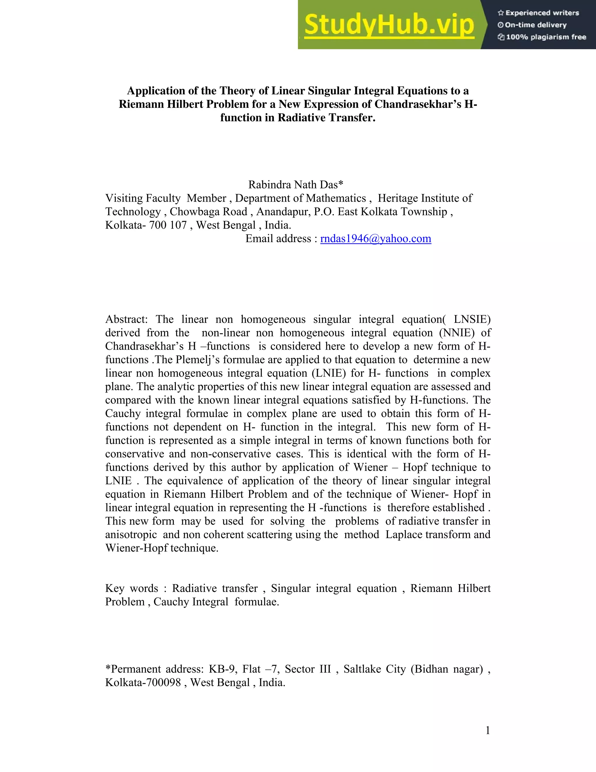 Application Of The Theory Of Linear Singular Integral Equations And Contour Integration To ...