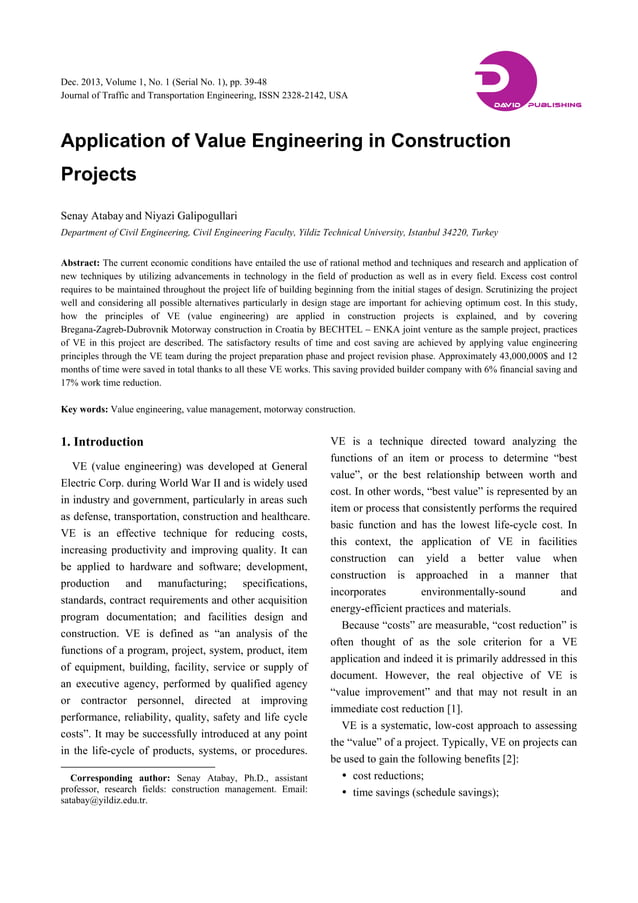 Application of value engineering in construction | PDF