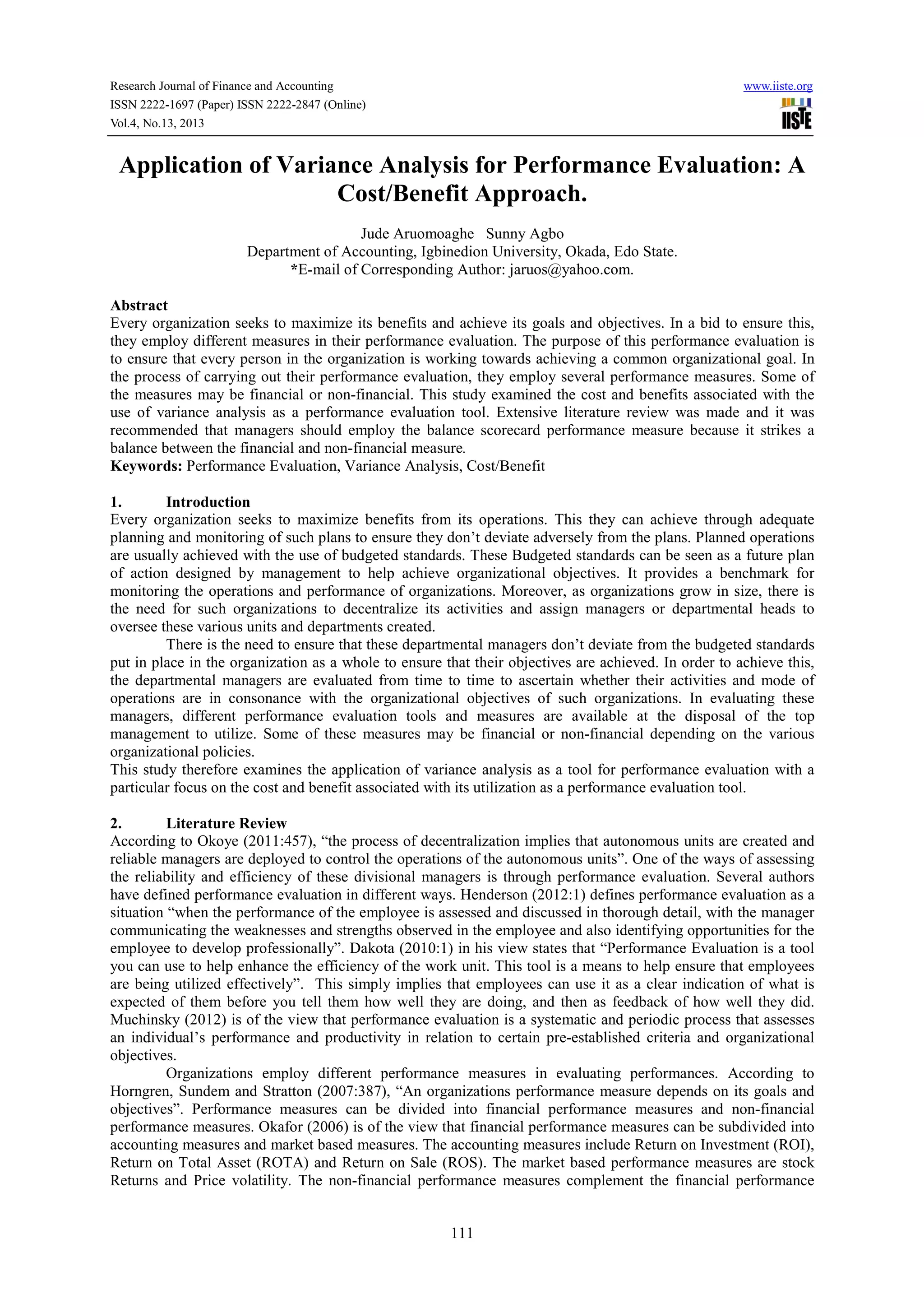 Application of variance analysis for performance evaluation a cost ...